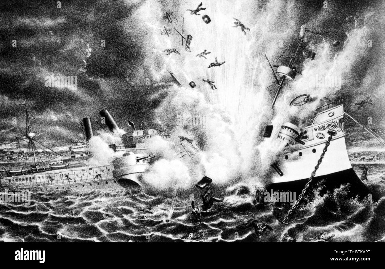 The U.S.S. Maine being blown up in the harbor of Havana, Cuba, 1898 ...