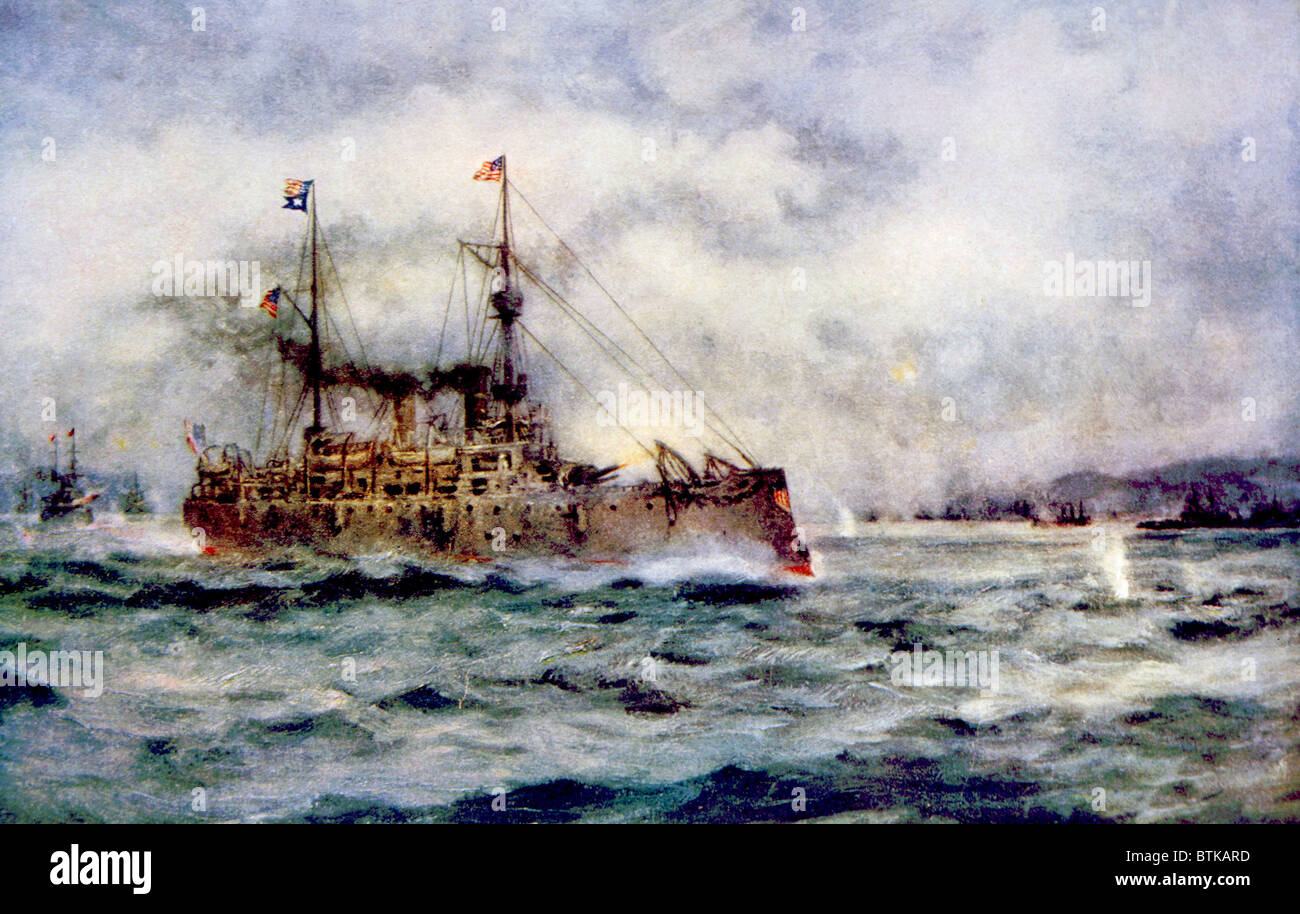 The Battle of Manila Bay, the American cruiser Olympia firing the first ...
