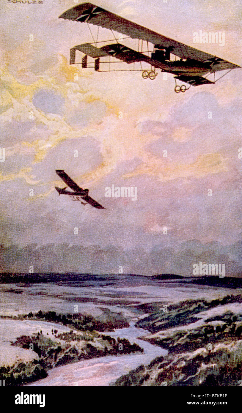 World War I, German biplane on reconnaissance over the Argonne Forest ...