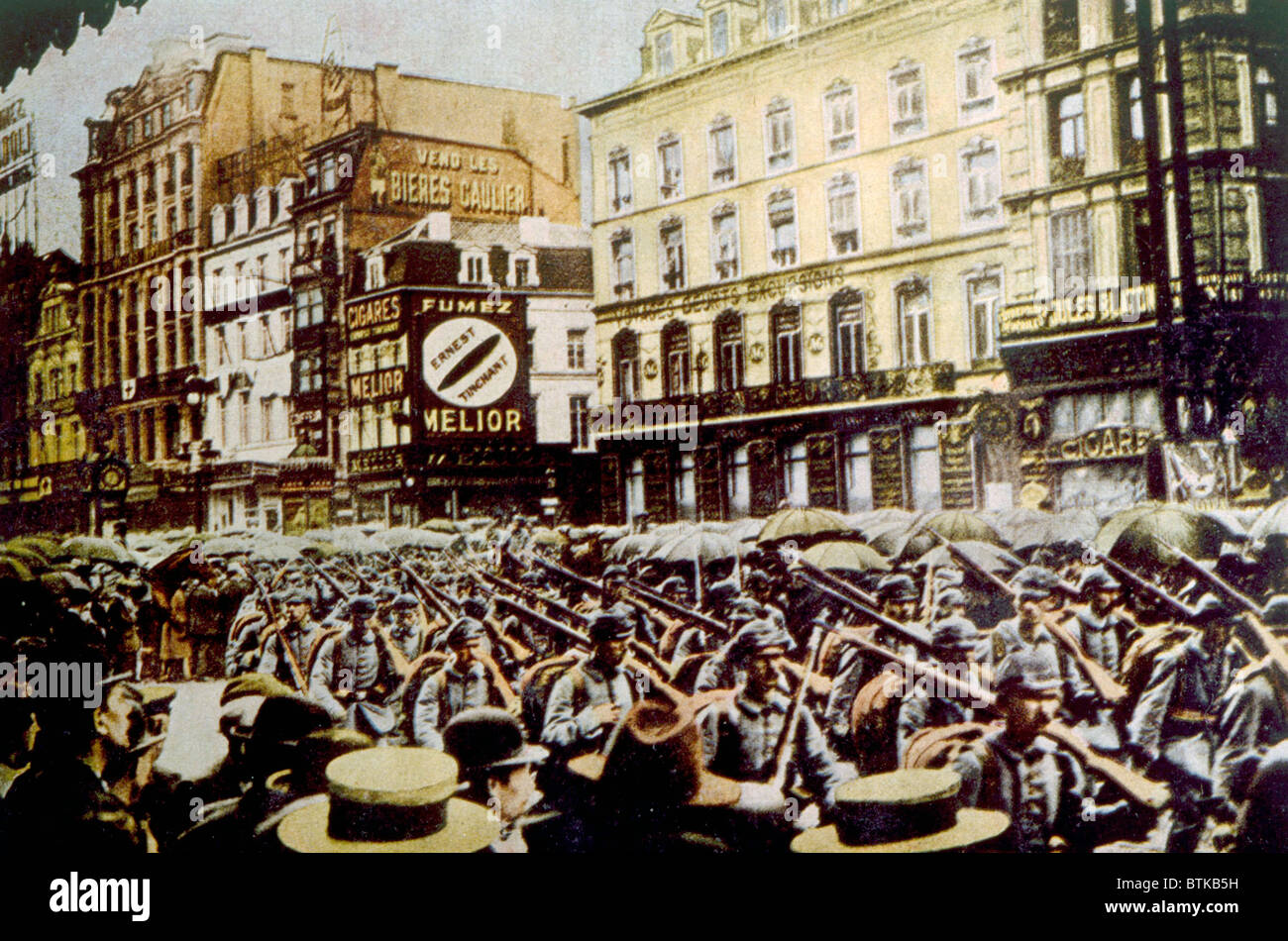 World War I, German infantry marching into Brussels, Belgium, 1914 ...
