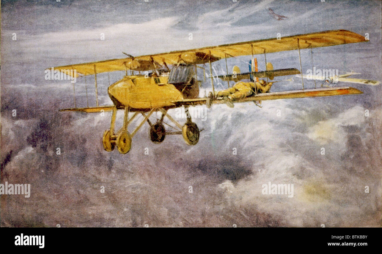 World War I, air battle with French pilot firing rifle from the wing of ...