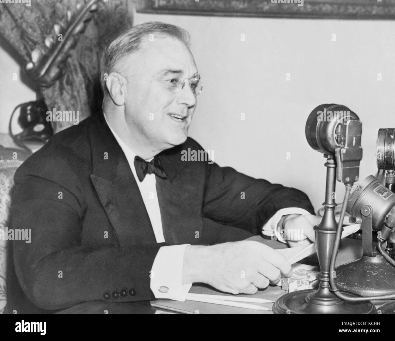 President Franklin D. Roosevelt (1882-1945), delivering a radio address ...