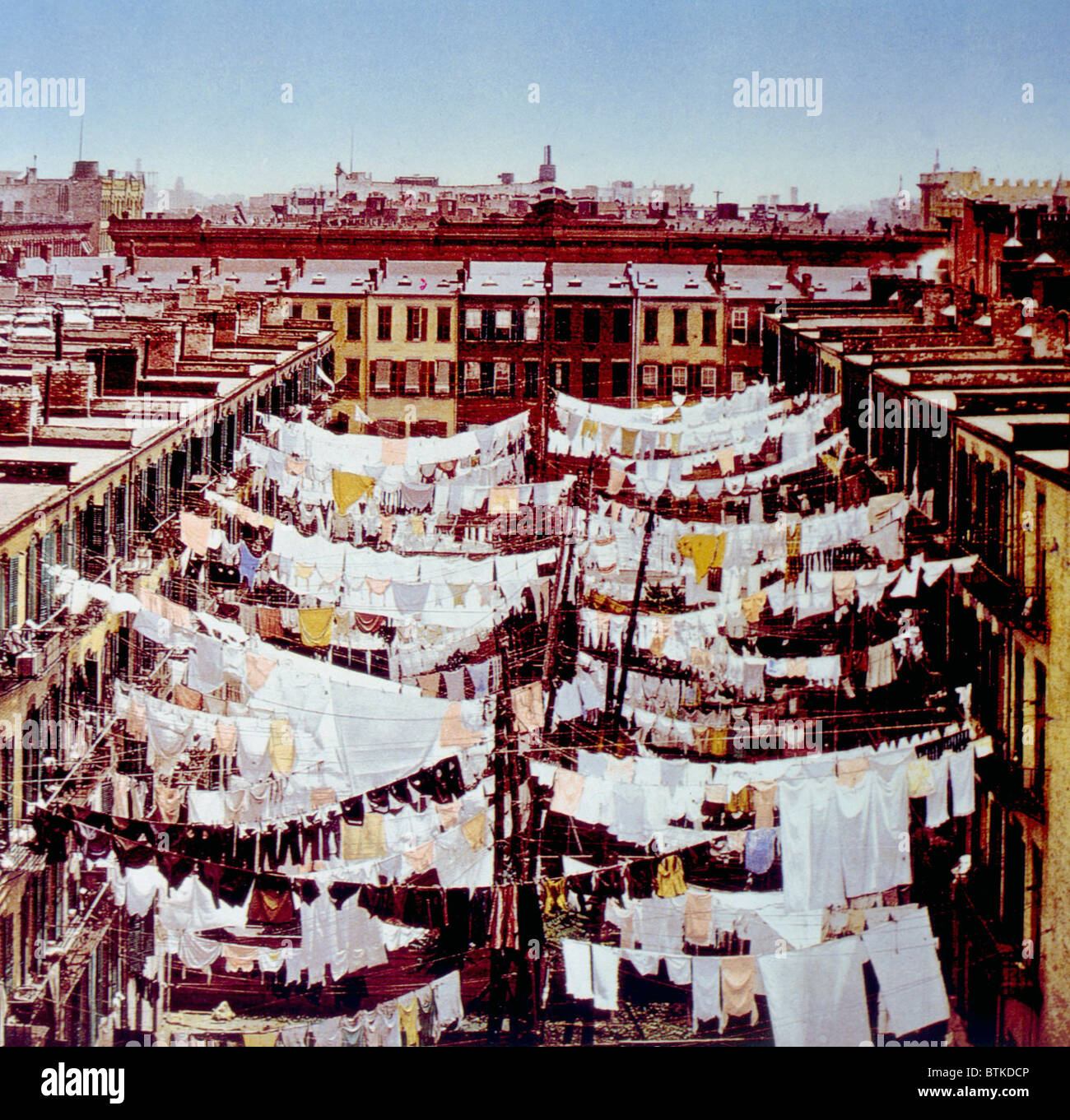 Washing hung outside tenement buildings in New York city, photochrom by ...