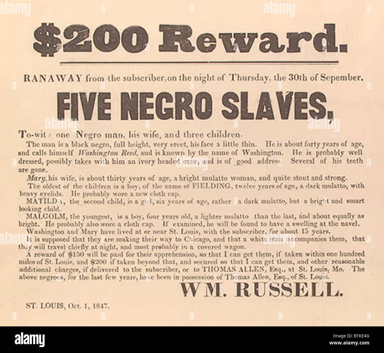 1847 advertisement for the return of a runaway slave, his wife and ...