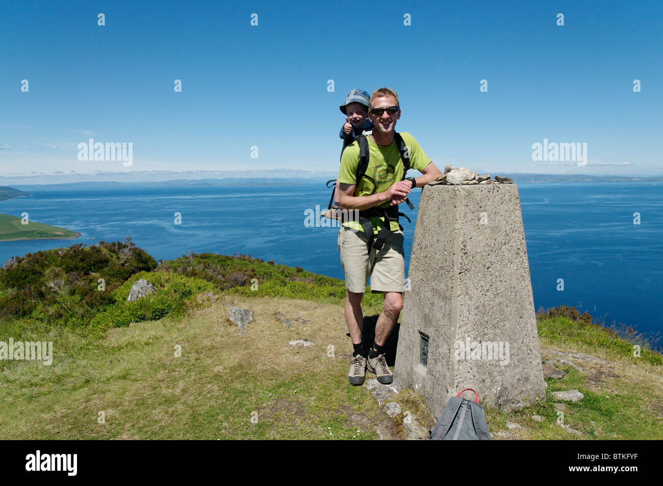 Father and son on the high peak of Mullach Mor, Holy Island, Arran ...