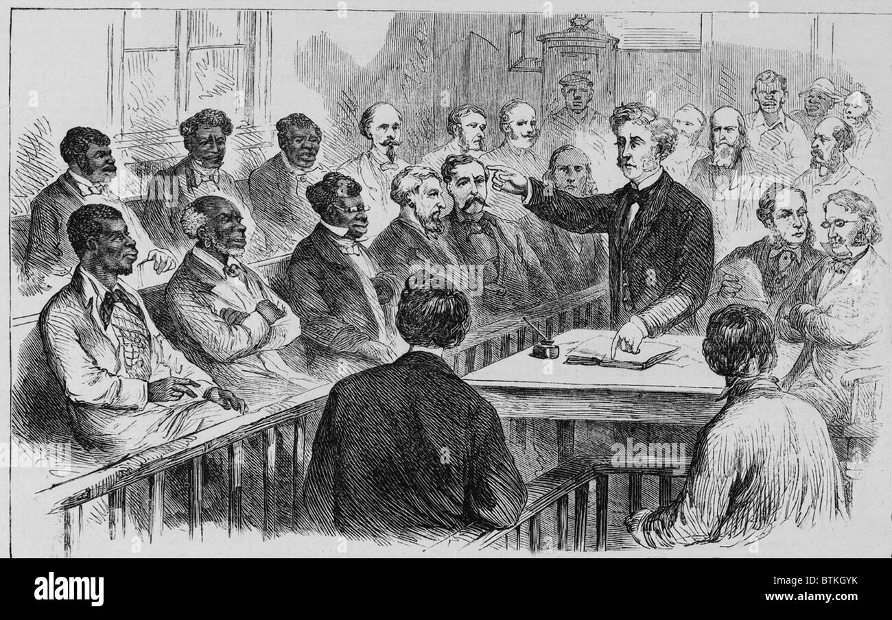 A racially integrated jury in the U.S. South in 1867. During ...