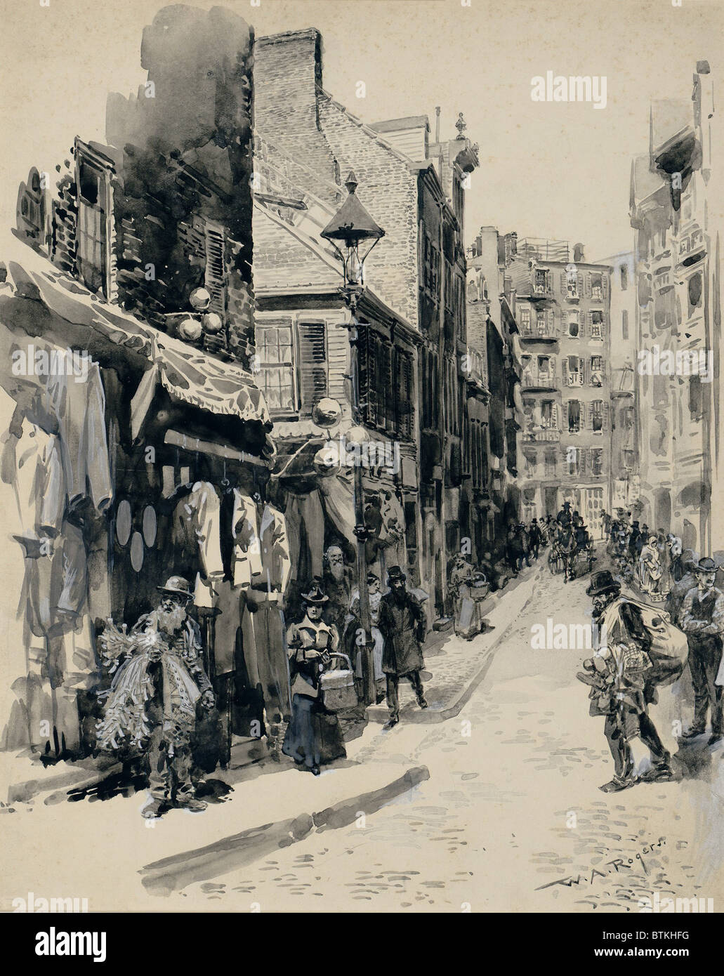 Jewish neighborhood in Boston Street. Scene of peddlers, women carrying ...