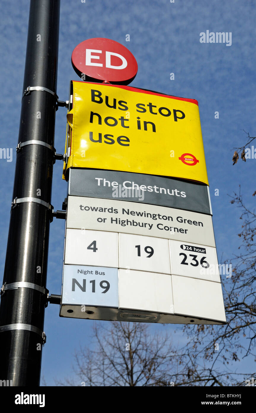 Bus stop not in use, sign above stop, Highbury London England UK Stock ...