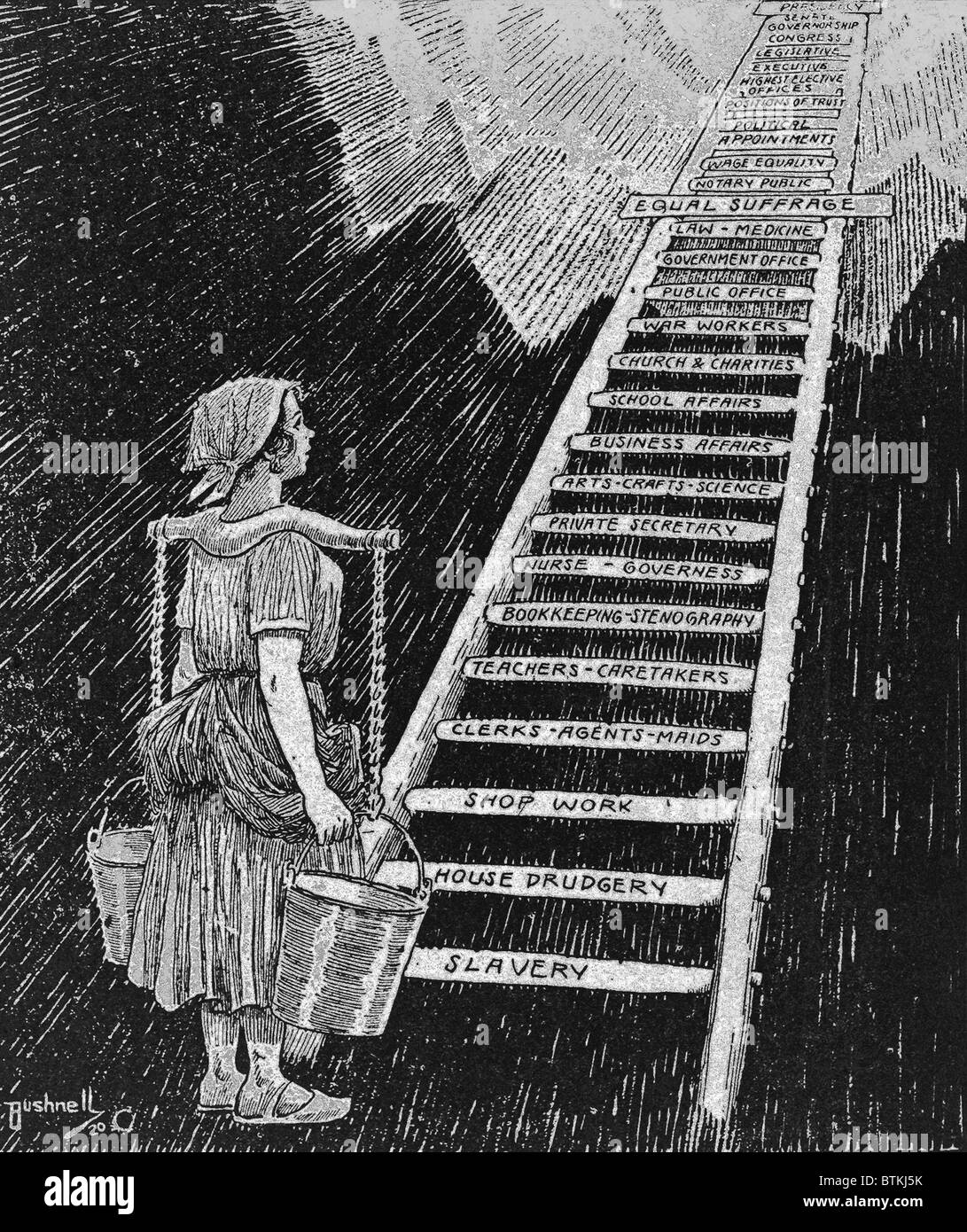 Political cartoon entitled, THE SKY IS NOW HER LIMIT, illustrating ...