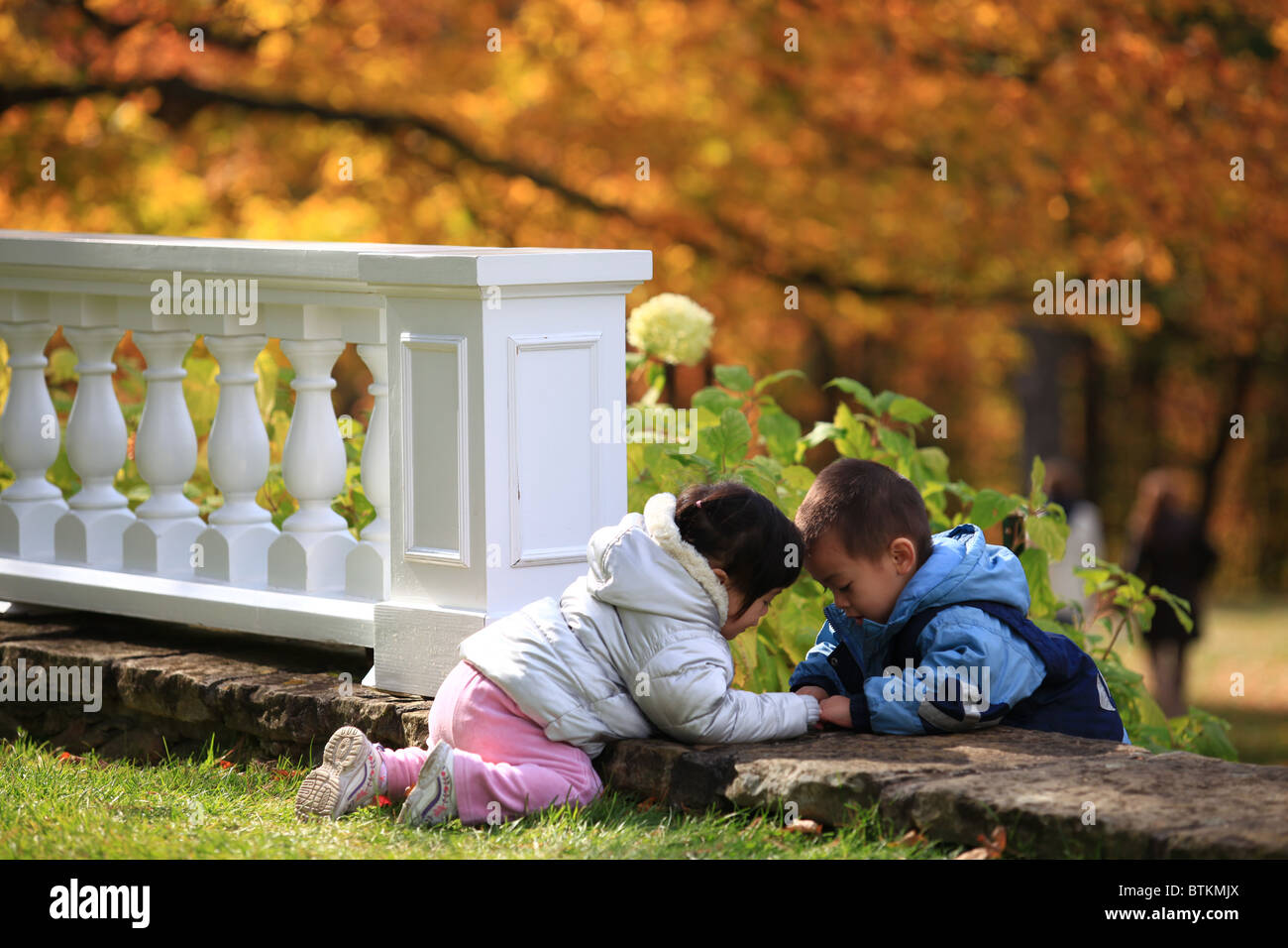 Two children playing under a vibrant fall foliage in Gatineau Park ...