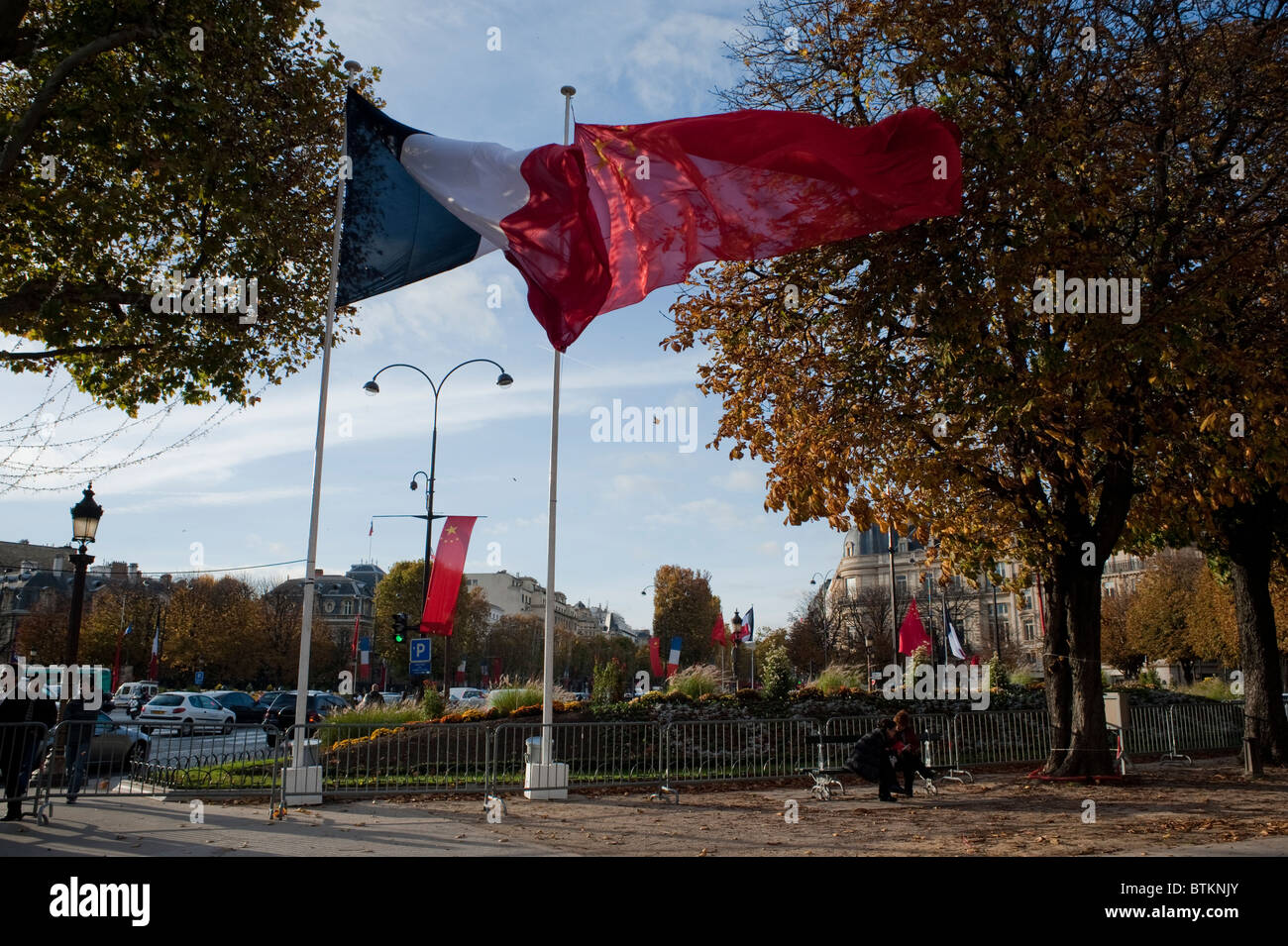 Paris, France, Chinese and French Flag on Display on Champs-Elysees ...