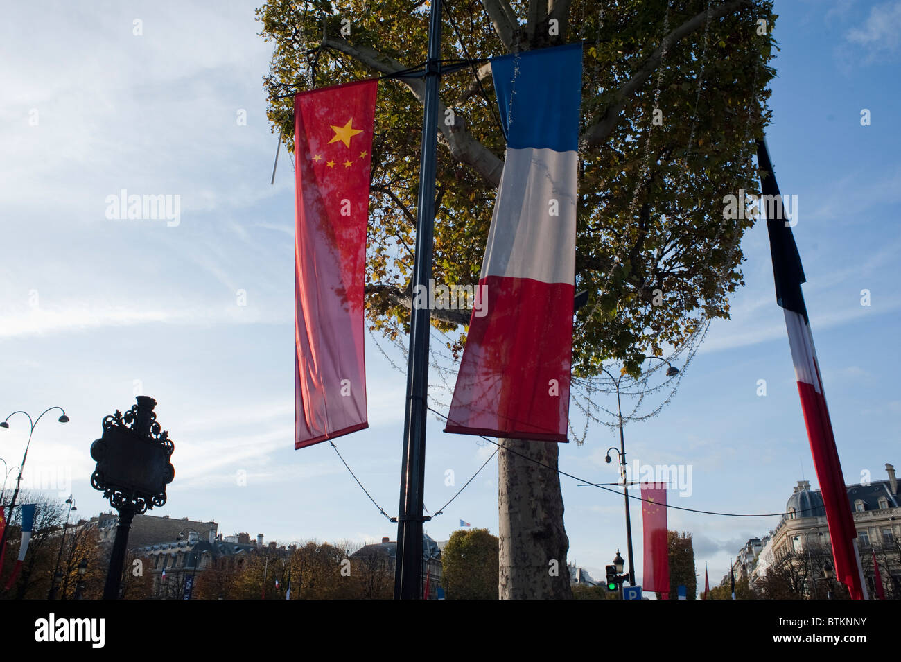Paris, France, Chinese and French Flag on Street Display on Champs ...