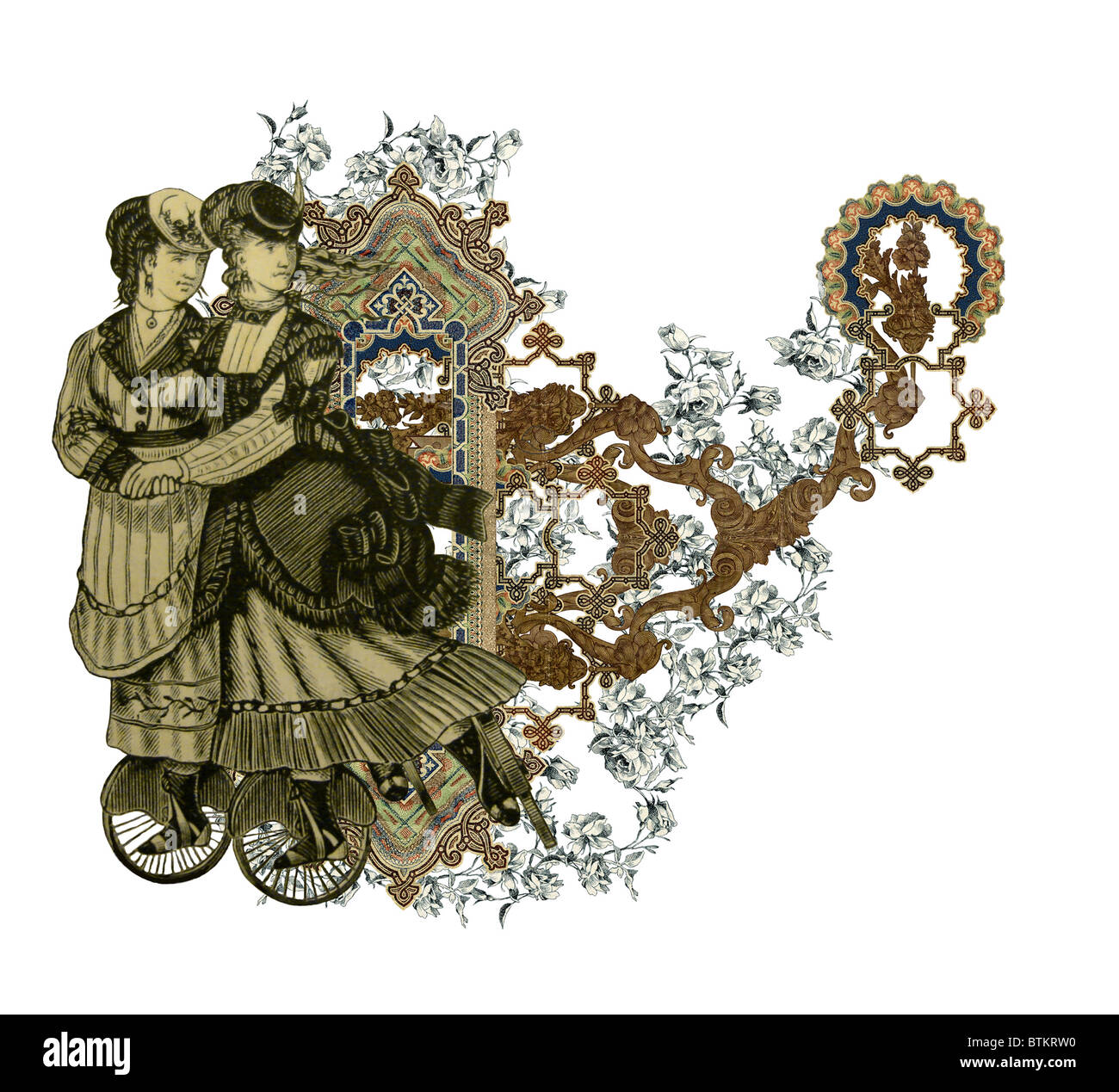 Luxuriously illustrated old capital letter V with flowers and two woman ...