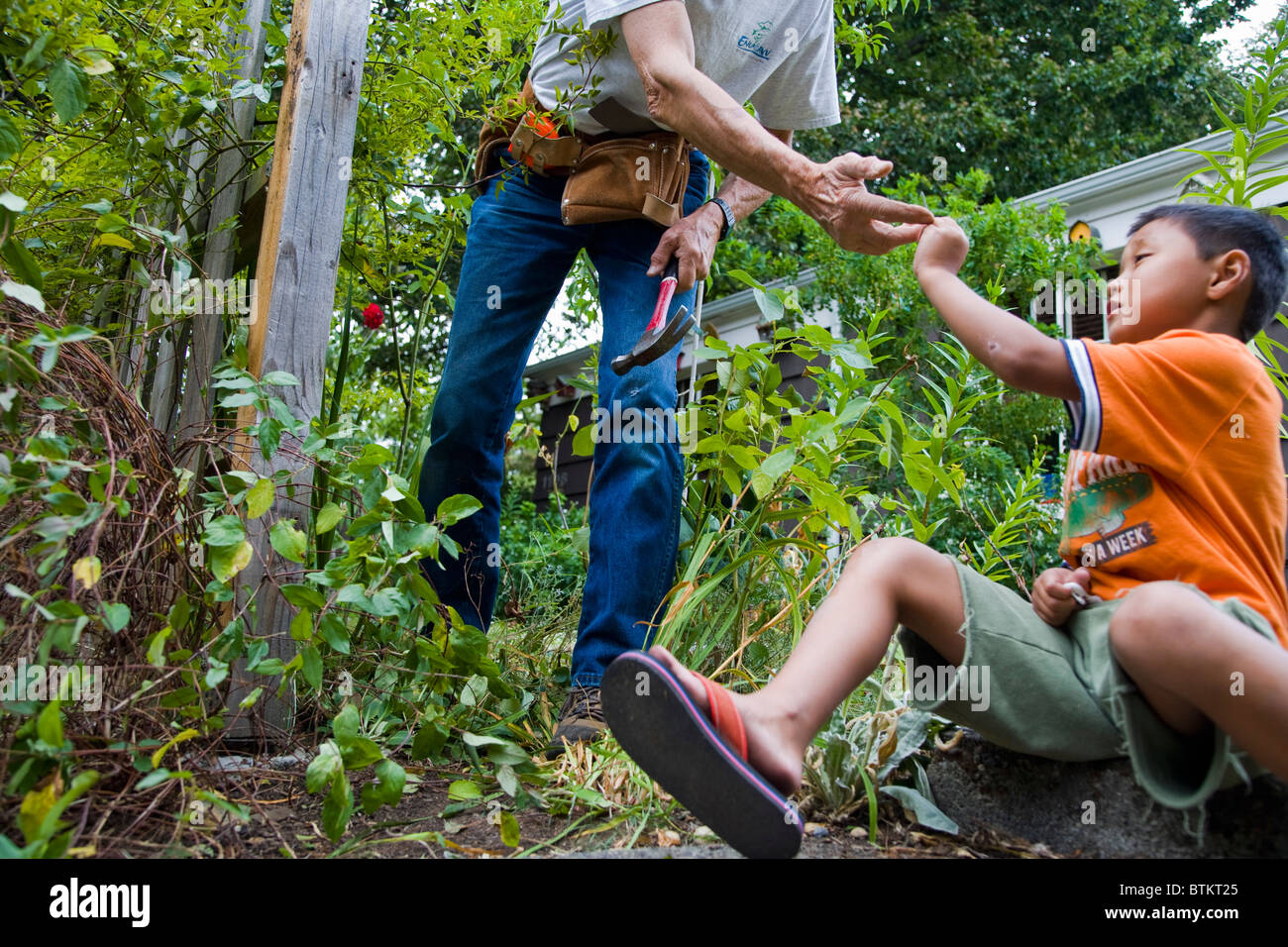 boy helping man repair fence Stock Photo - Alamy
