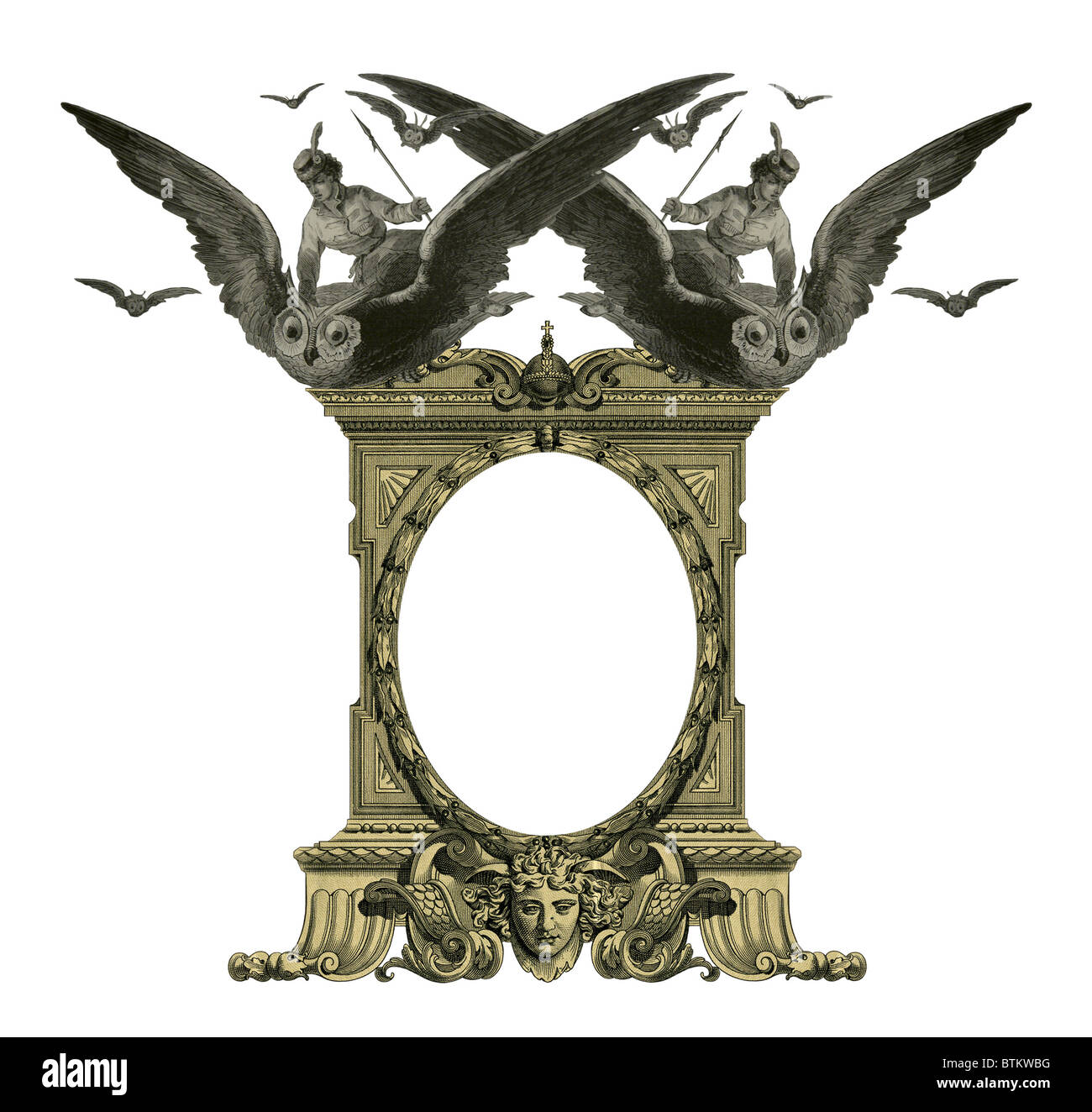 Luxuriously color illustrated old victorian frame with a girl flying to ...