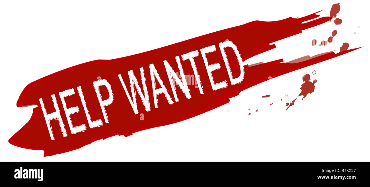 Splash of red color showing the term help wanted. All on white ...