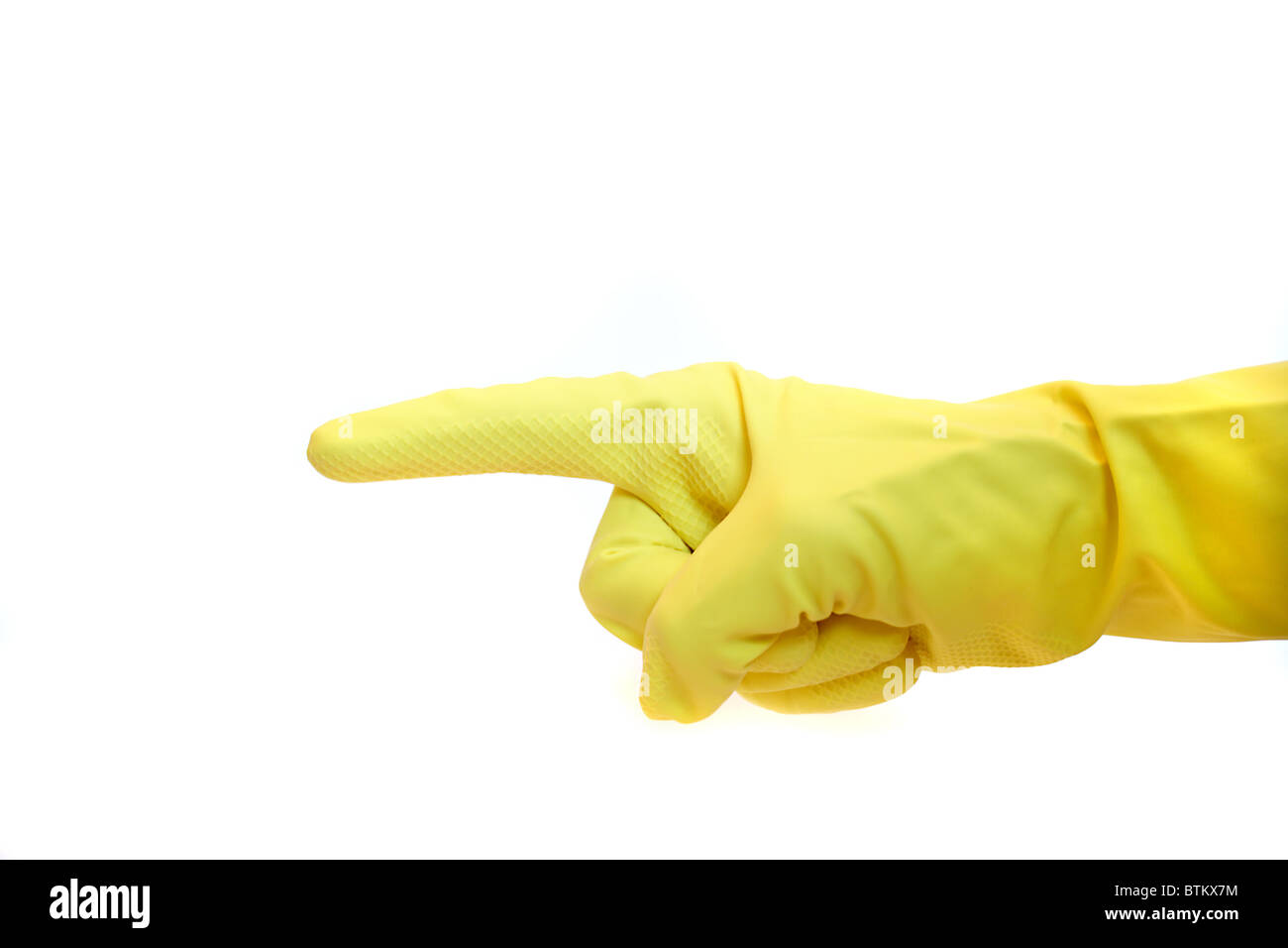 A human hand in yellow gauntlet pointing at something. All isolated on ...