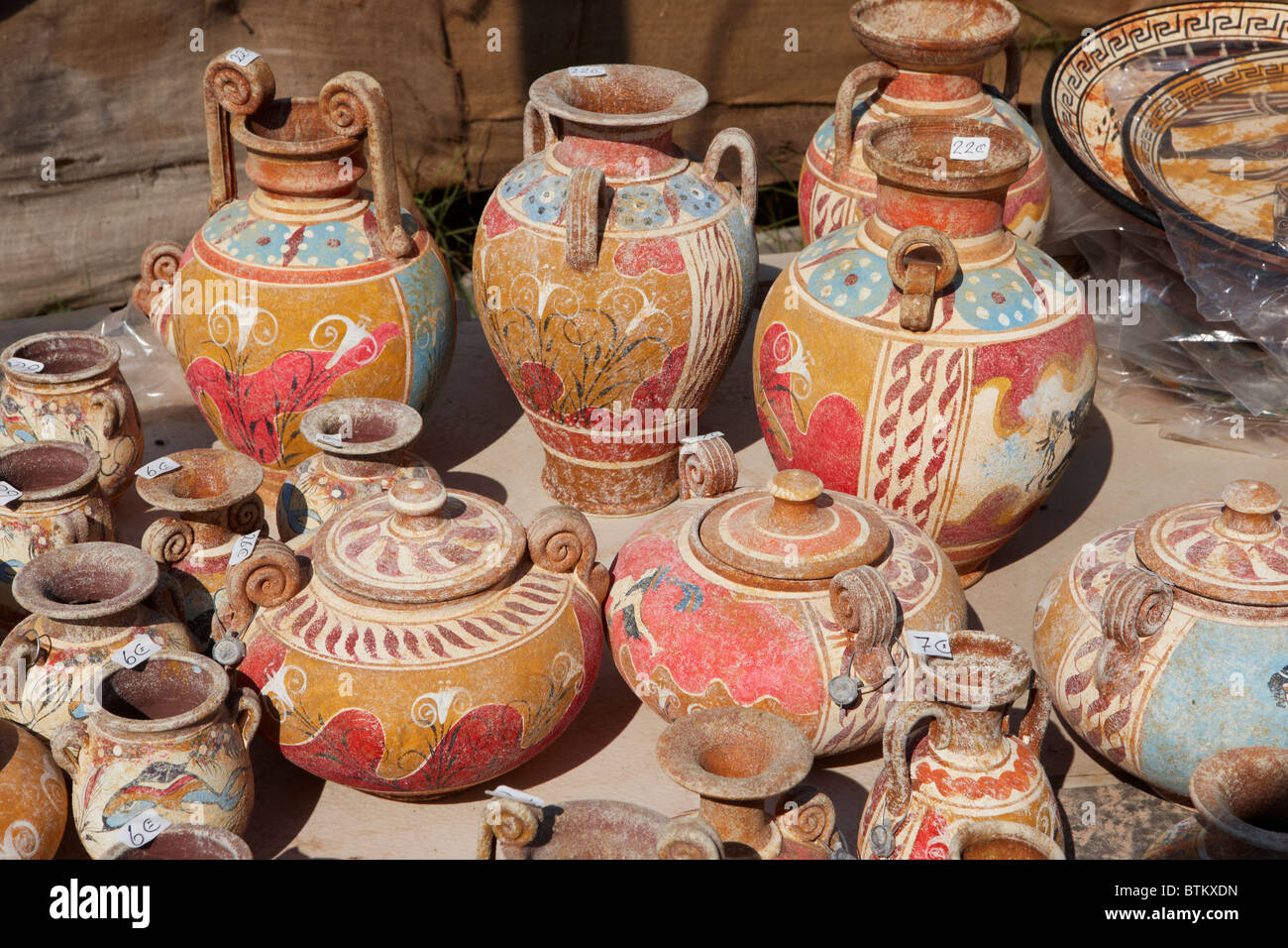 Replicas of ancient Greek amphorae displayed on pottery market. Crete ...