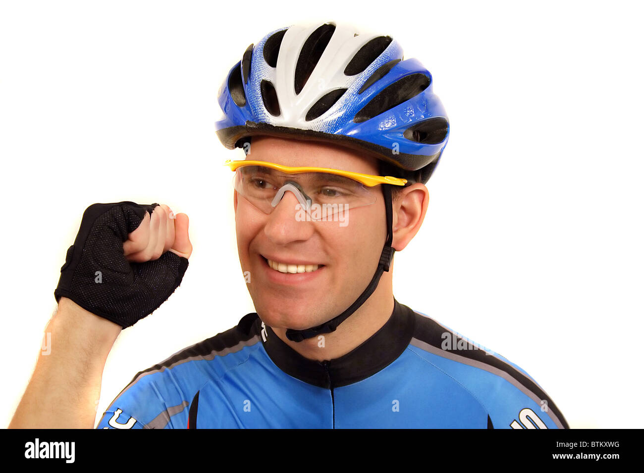 A professional bike rider jubilation. All isolated on white background ...