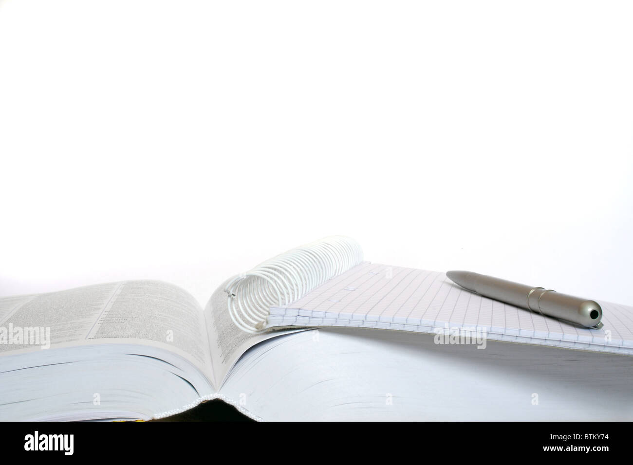 Schoolbook pen and paper to study. All isolated on white background ...