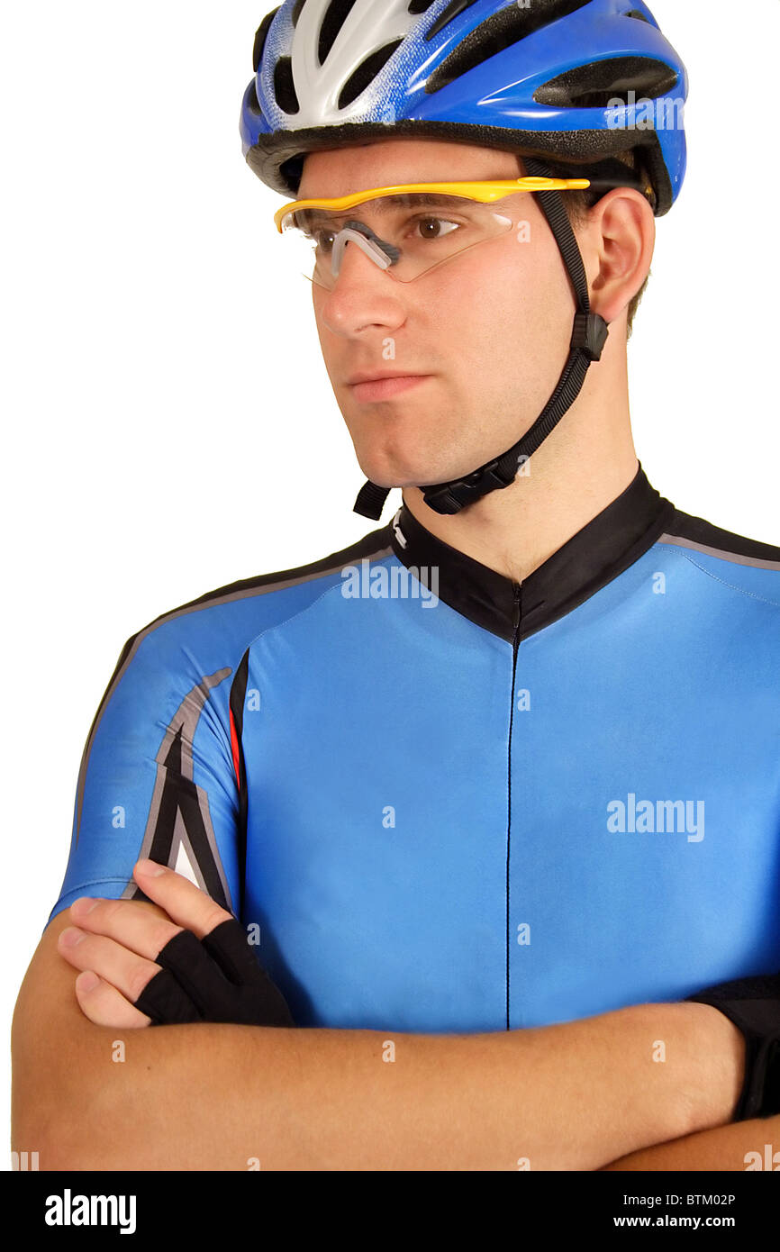 A professional bike rider in his jersey. All isolated on white ...