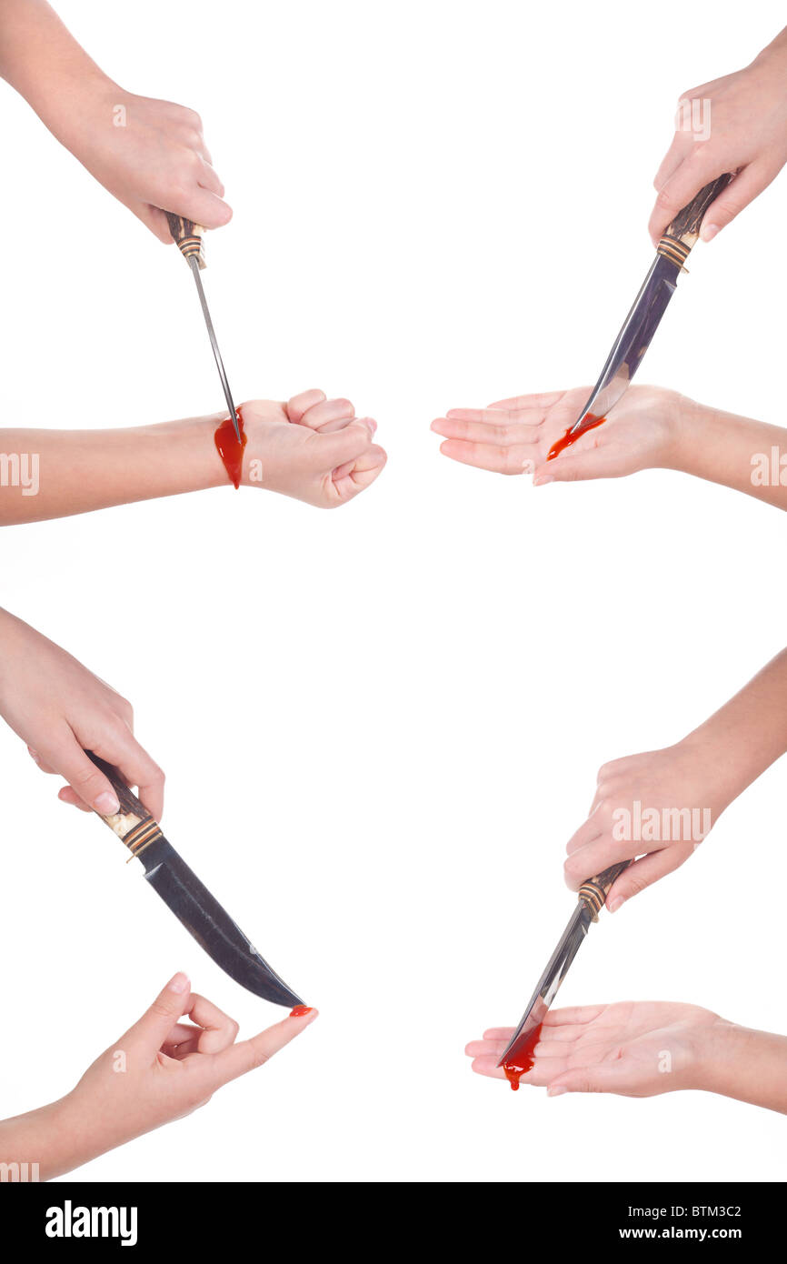 bloody knife in a female hand, isolated Stock Photo - Alamy