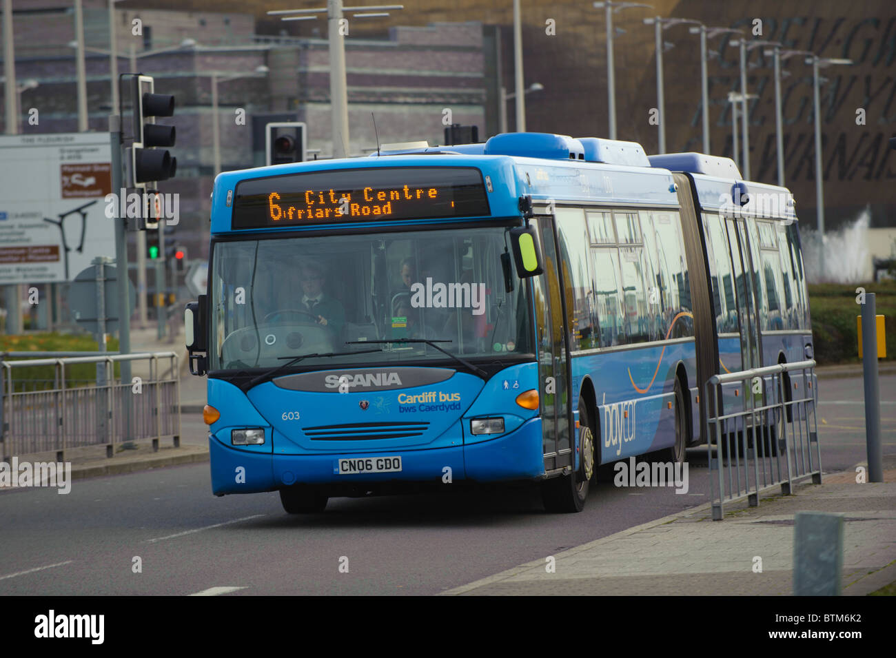 A blue Cardiff bendy bus wales UK Stock Photo - Alamy