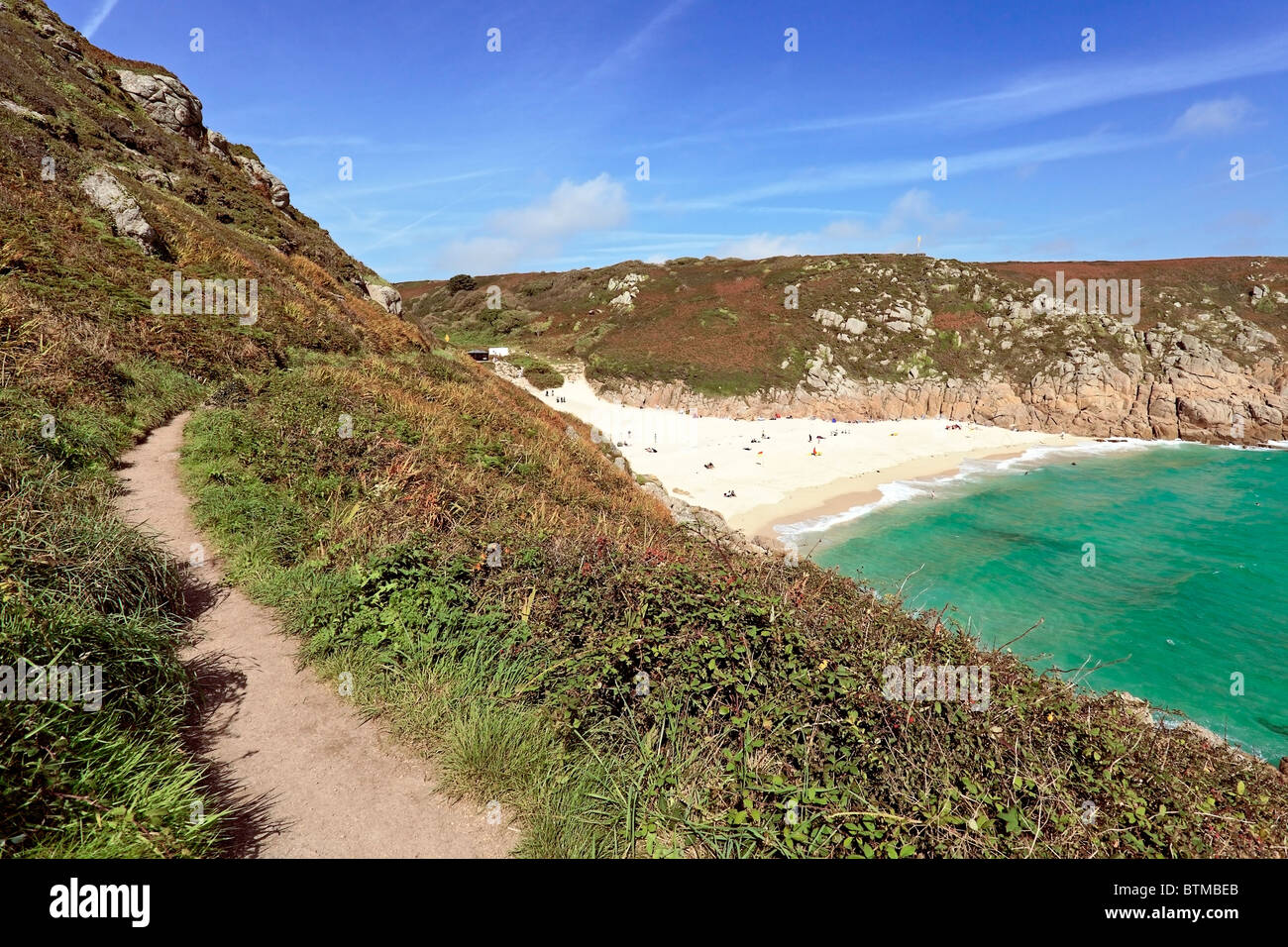 View from Minack Theatre clifftop towards Porthcurno beach from South ...