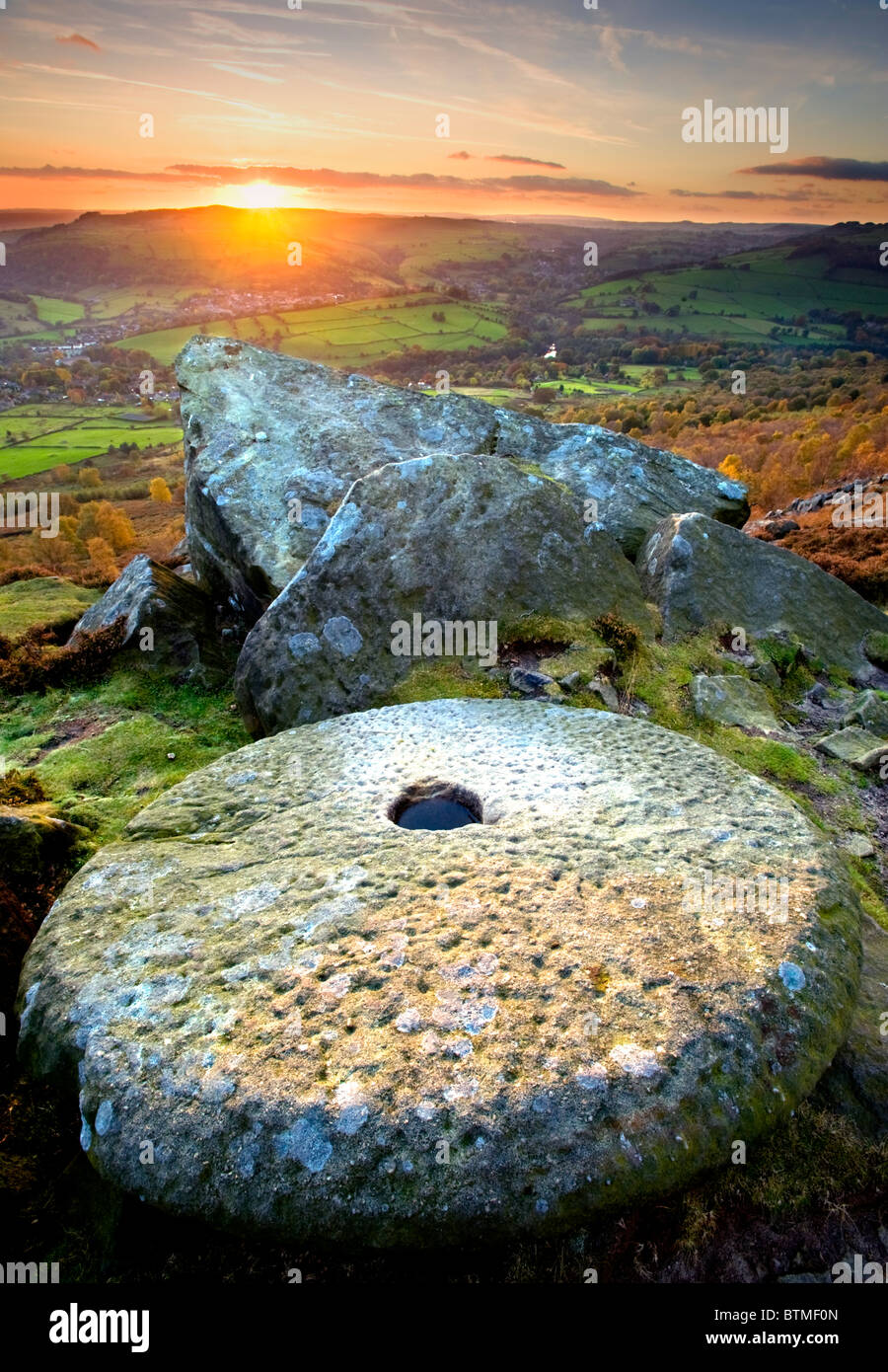 Abandoned Millstone at Sunset on Curbar Edge, Peak District National ...