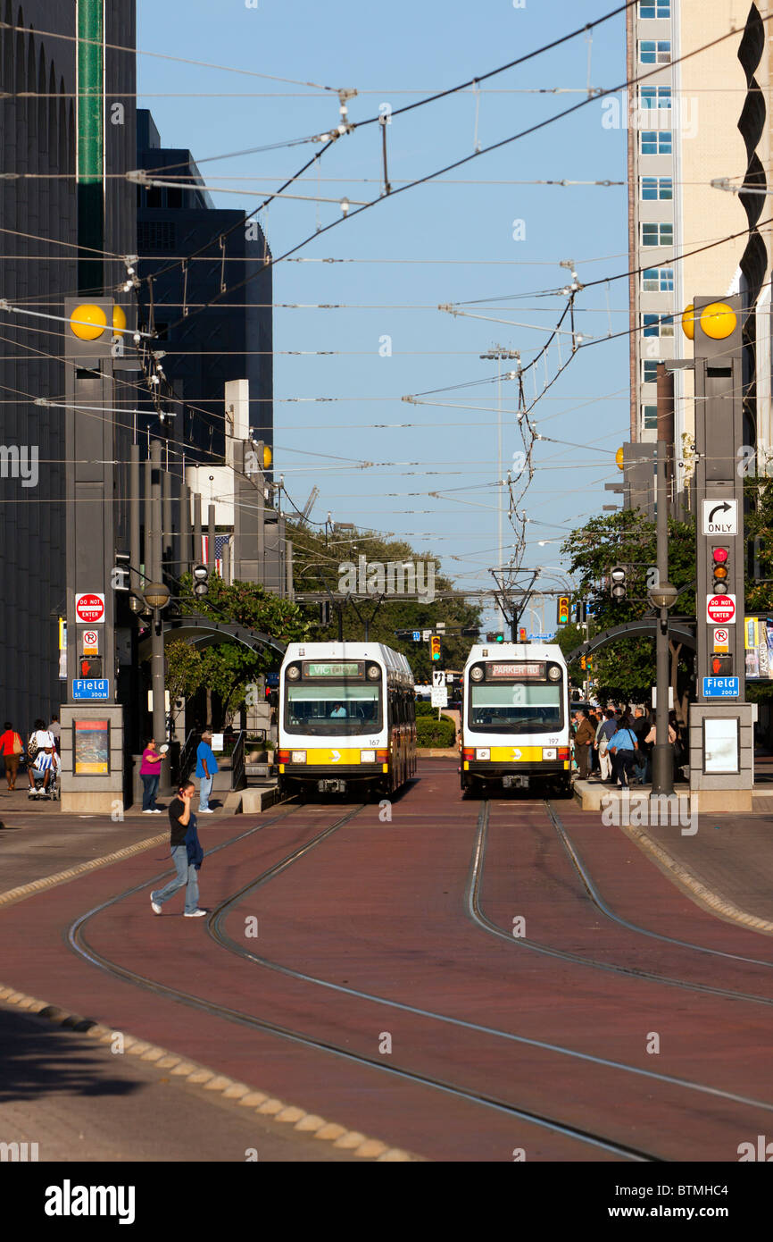 Dallas Area Rapid Transit (DART) Light Rail trains meet in downtown ...