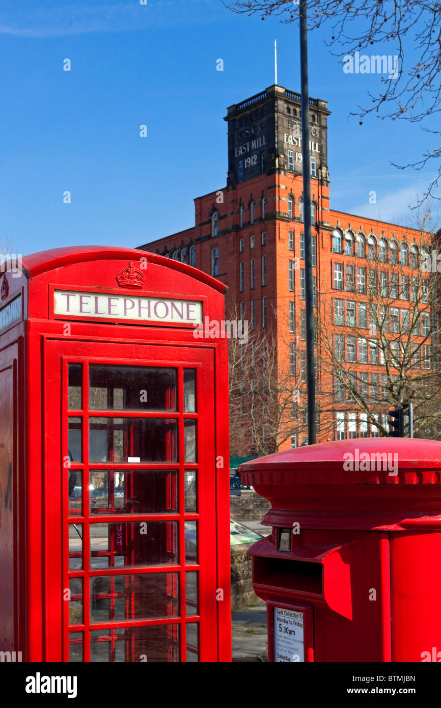 Red K6 UK telephone box designed by Sir Giles Gilbert Scott with pillar box and Belper North ...