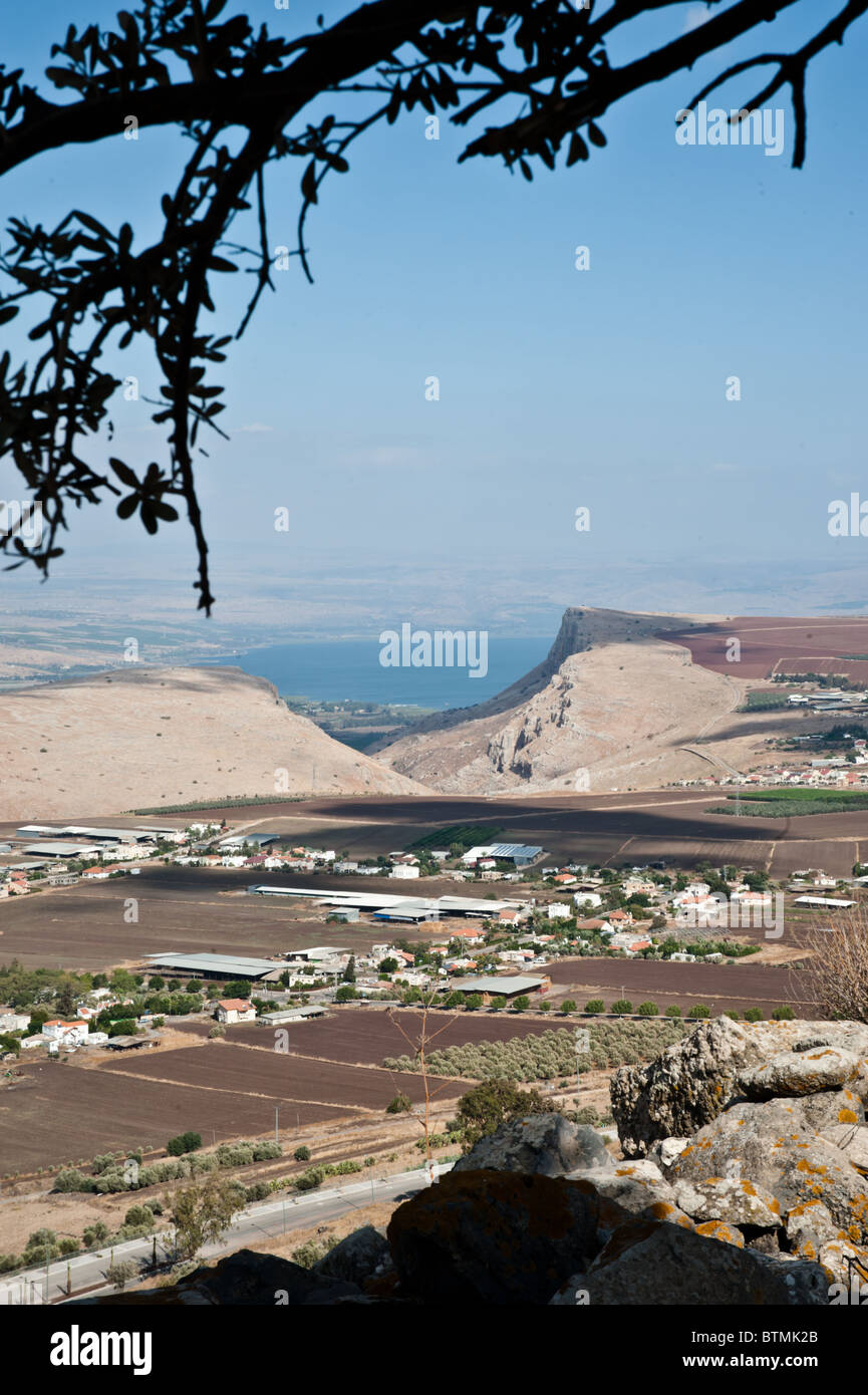 Israeli farmland, the Cliffs of Arbel and the Sea of Galilee seen from ...