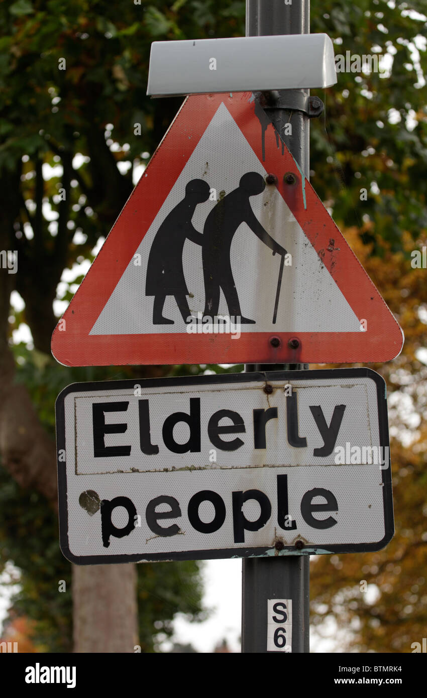 Elderly People sign in poor state of repair: symbolic of neglect Stock ...
