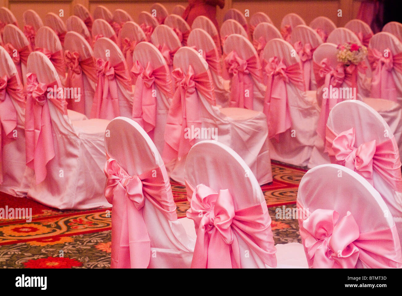 Decorated wedding chairs in reception auditorium Stock Photo - Alamy