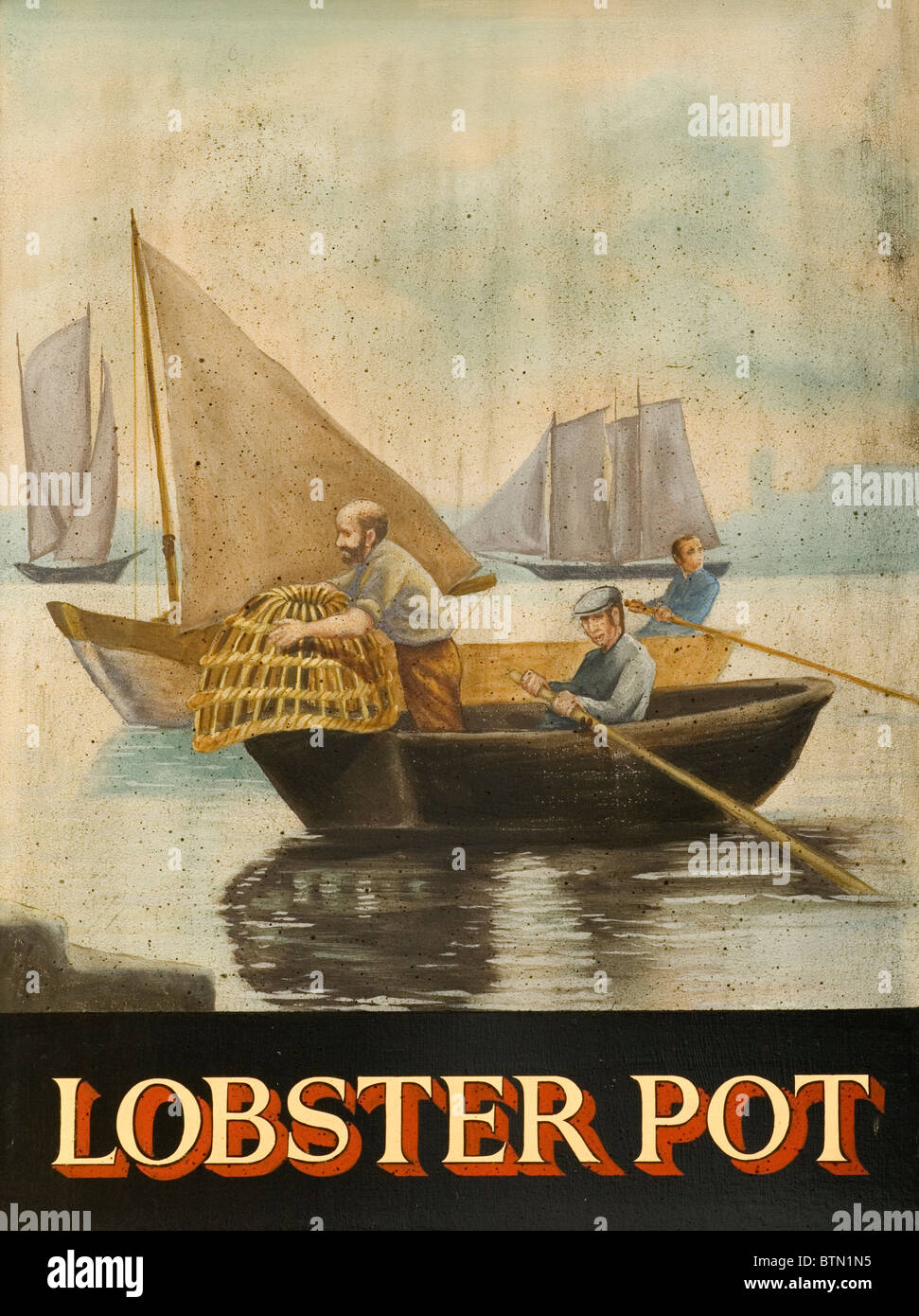 West Malling Kent. UK The Lobster Pot pub sign oil painting depicting ...