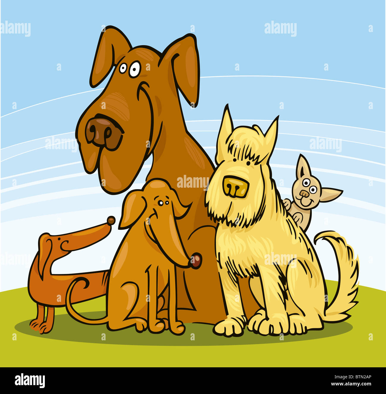 Illustration of Group of five funny Dogs Stock Photo - Alamy