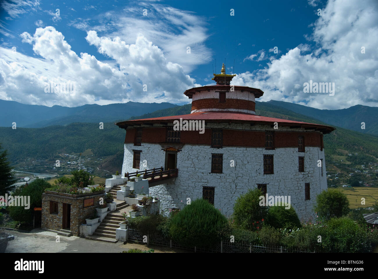 The Paro National Museum standing on the top of the hill over Paro ...
