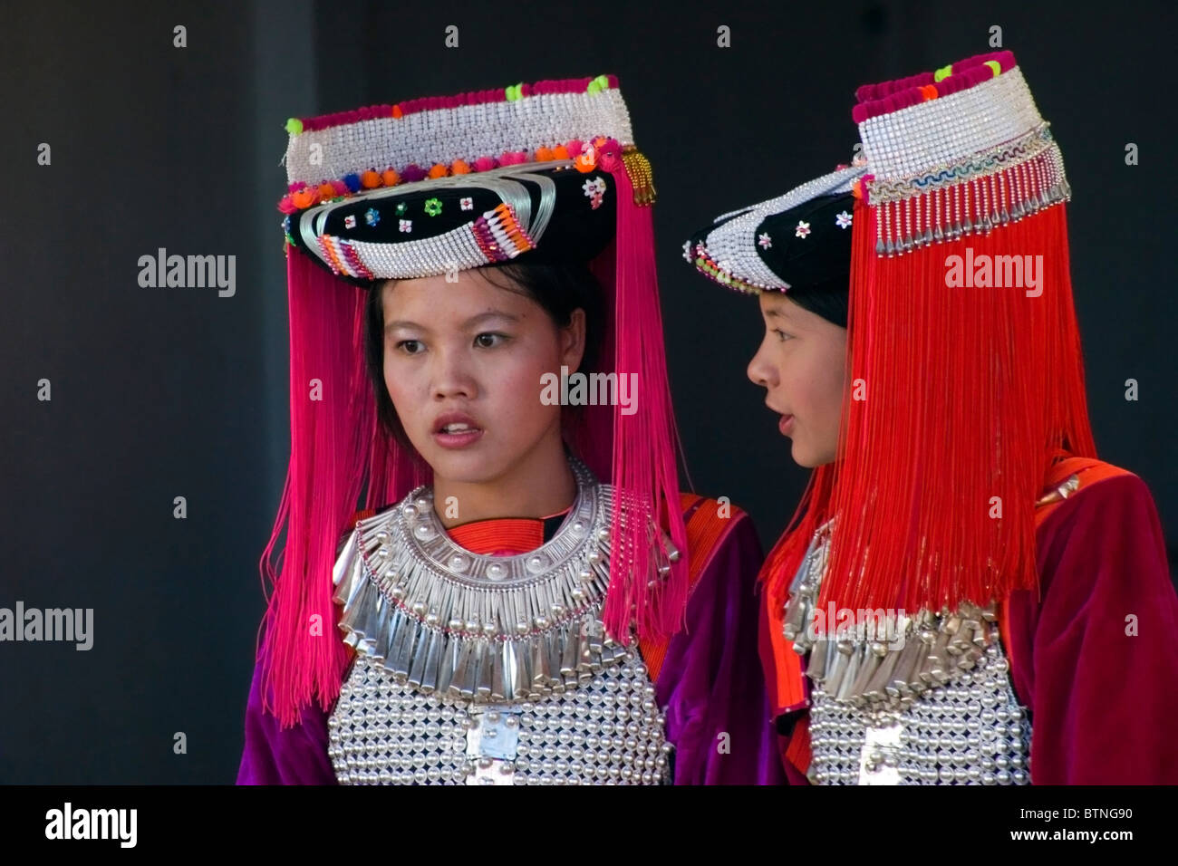 Ethnic Lisu women are attending a traditional dance ceremony in Pai ...