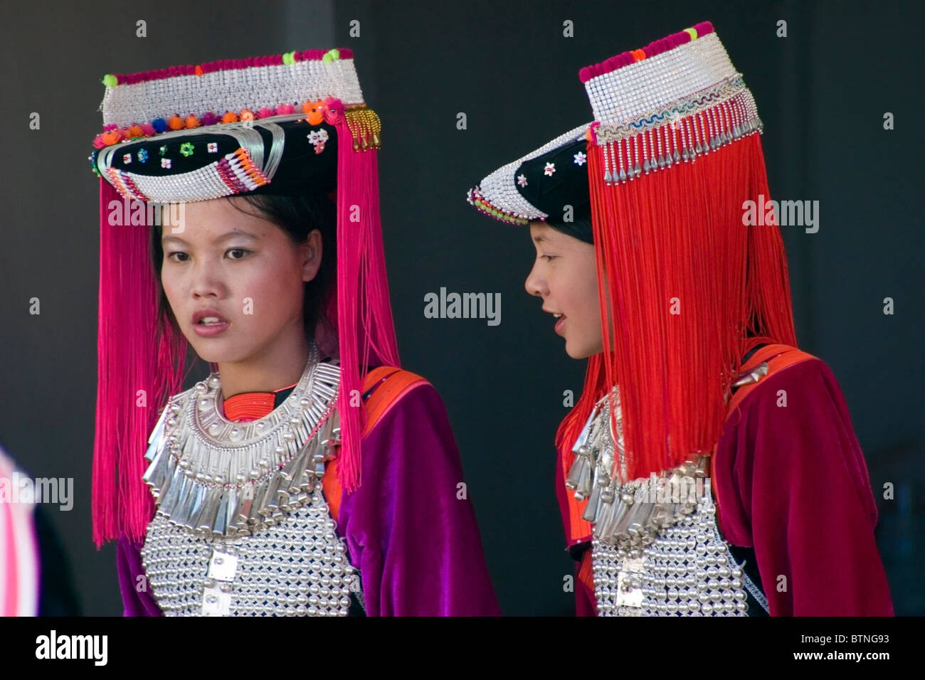 Ethnic Lisu women are attending a traditional dance ceremony in Pai ...