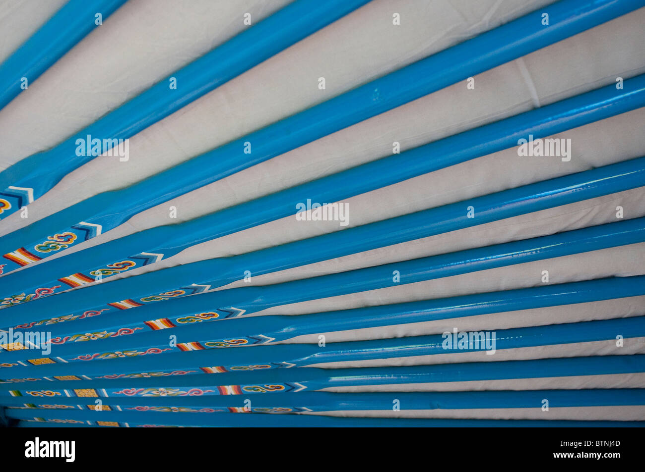 Ornate painted wooden roofing ribs from a Mongolian Yurt Stock Photo ...