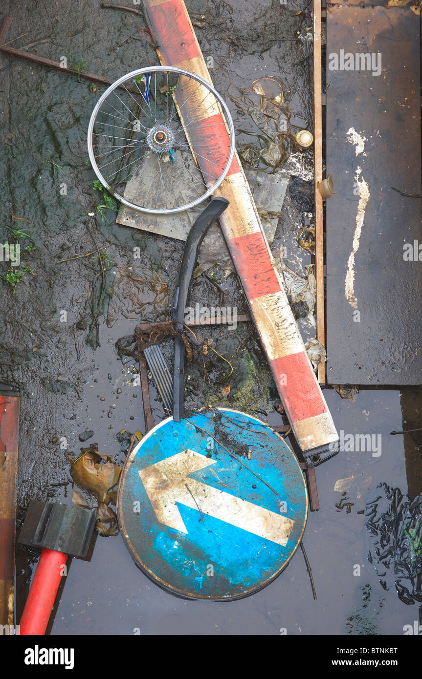 Rubbished dumped on waterlogged barge on the Lancaster canal Stock ...