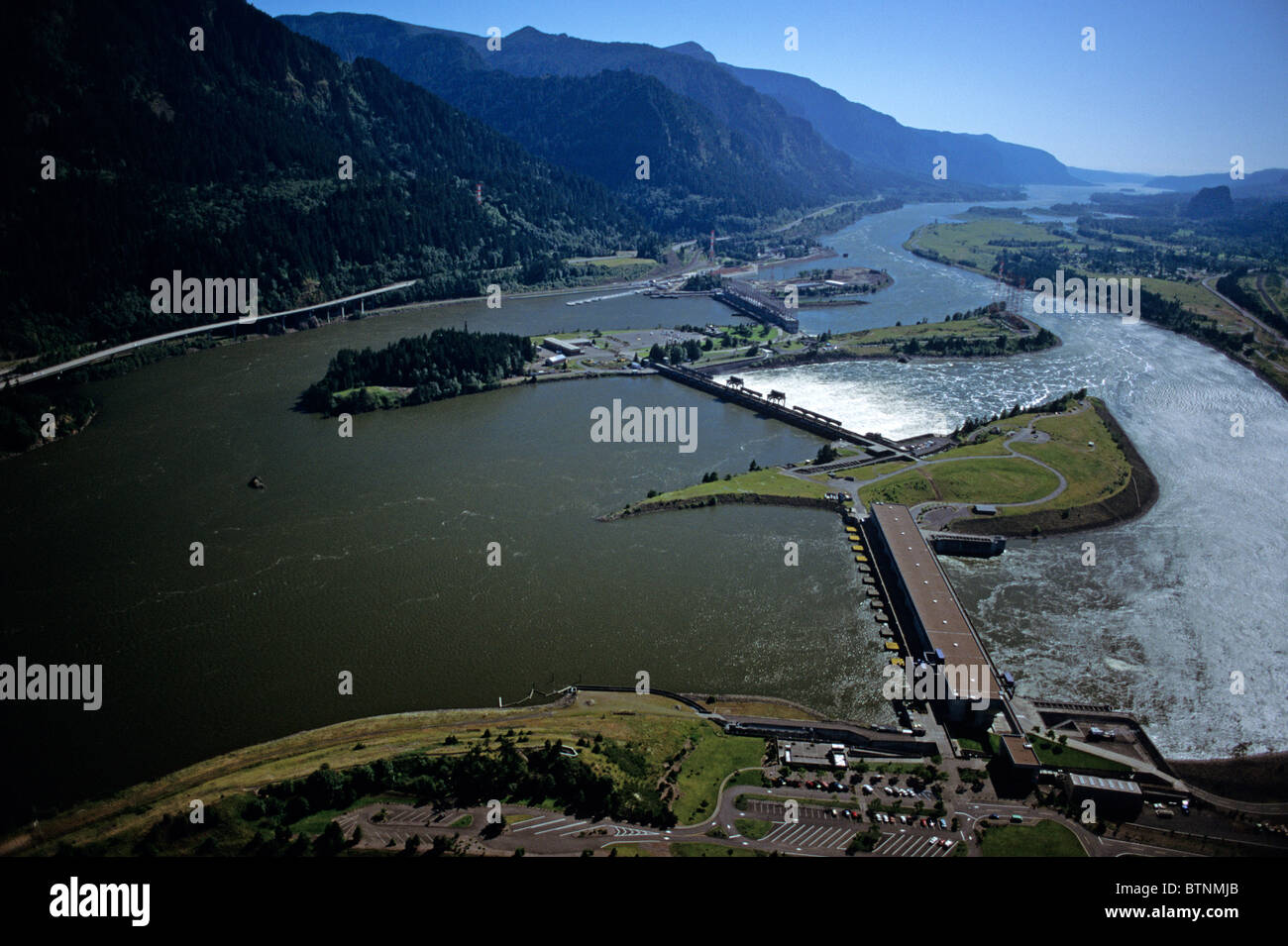 Retro image, An Aerial view over the Bonneville Dam, which stradles the Columbia River Gorge ...