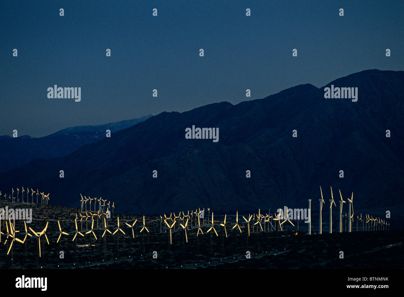 Windmill farm in the desert sunset light near Palm Springs California ...