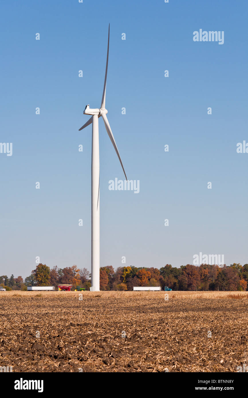 Farmers harvesting corn under wind turbine in corn field near Brookston ...
