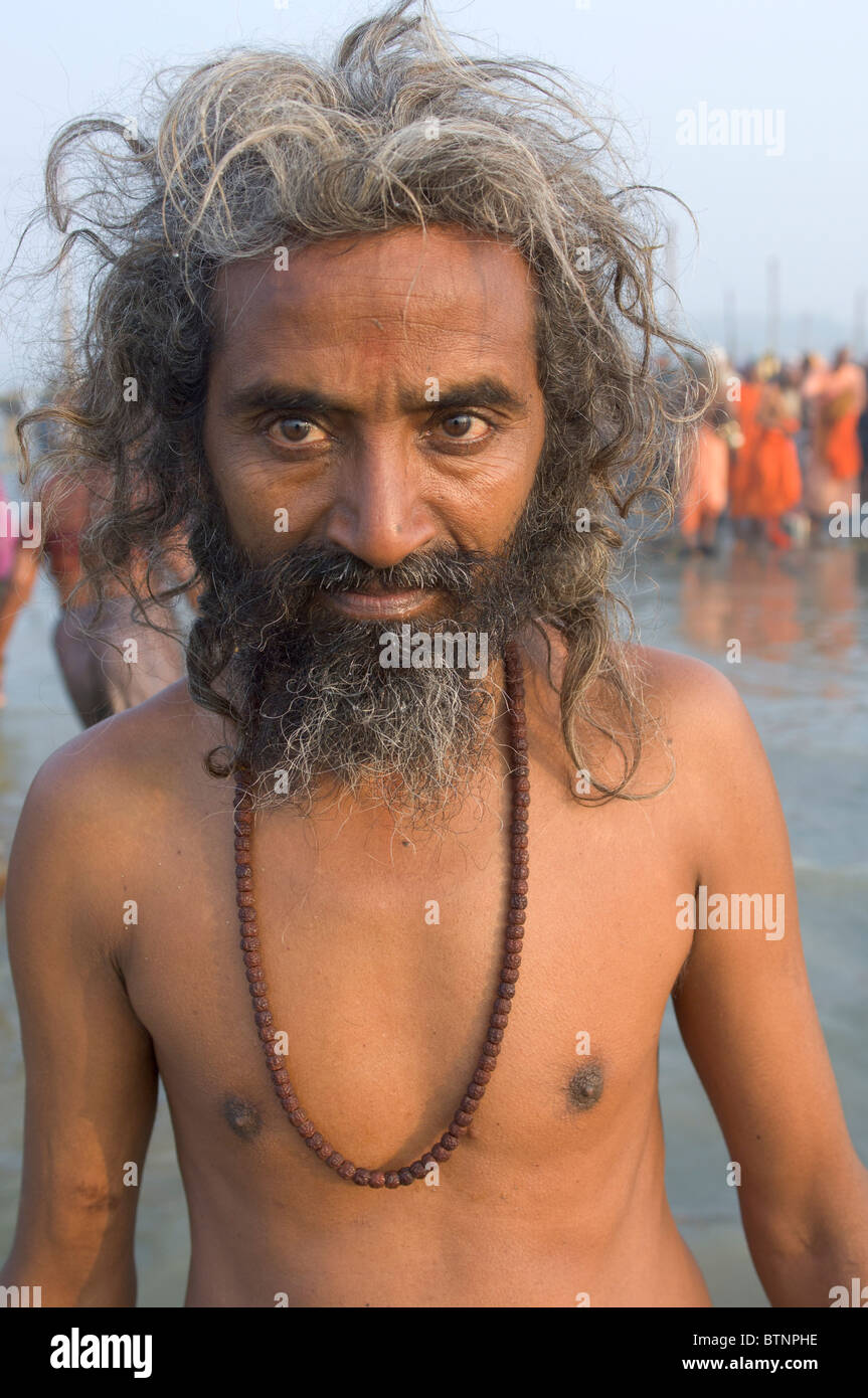 Male pilgrim with a beard and wild hair at the Ganga Sagar Mela, Sagar ...