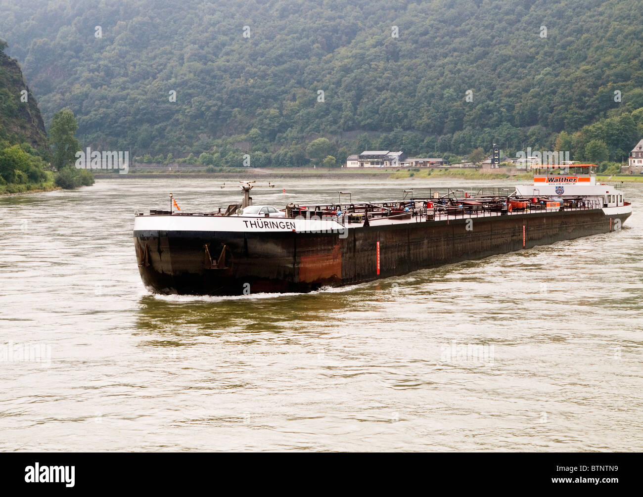 Rhine barge Thuringen passes the Loreley rock on the river Rhine Stock ...