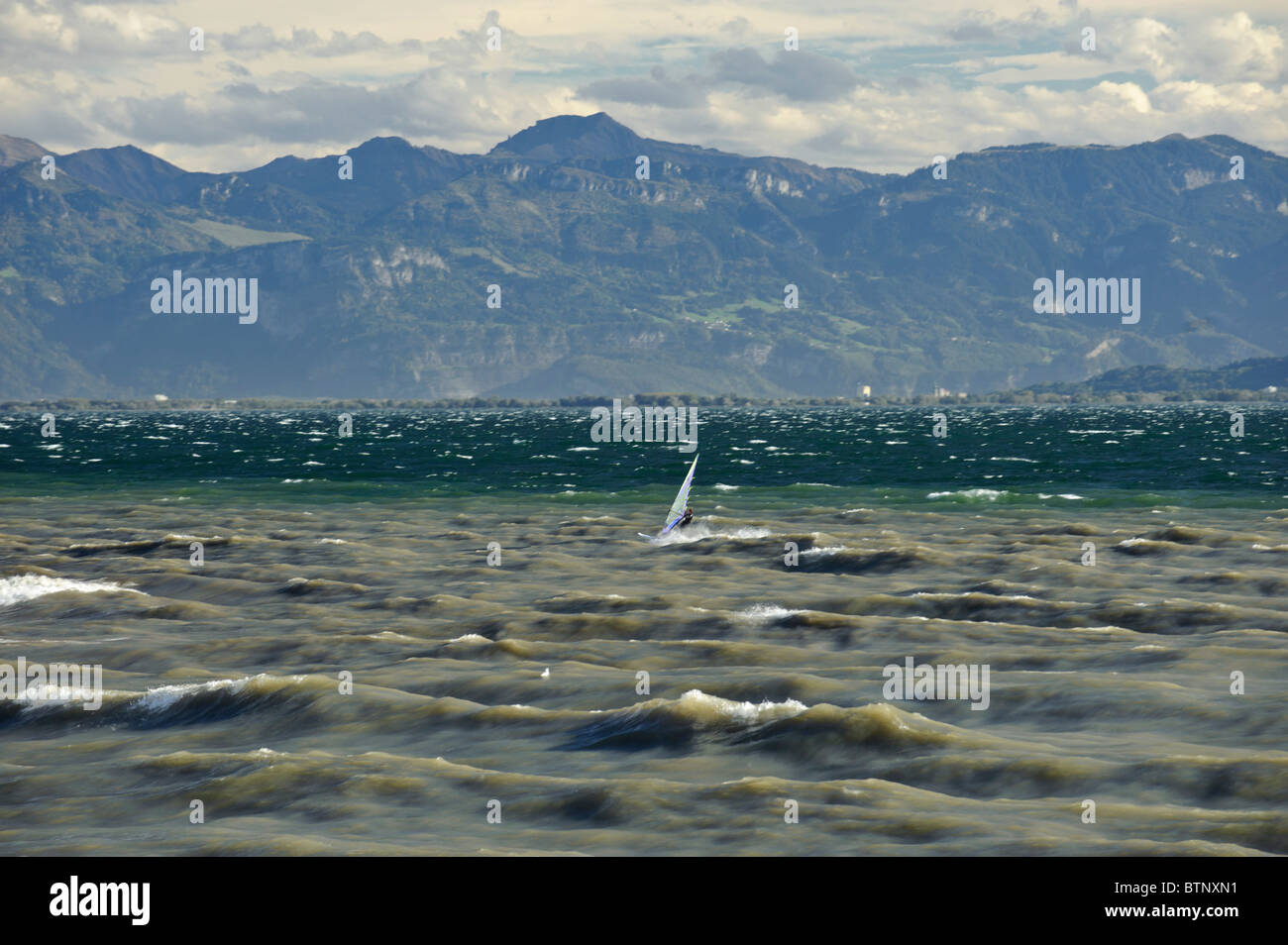 Foehn storm on Lake Constance, wind surfer with Alpine mountains in ...