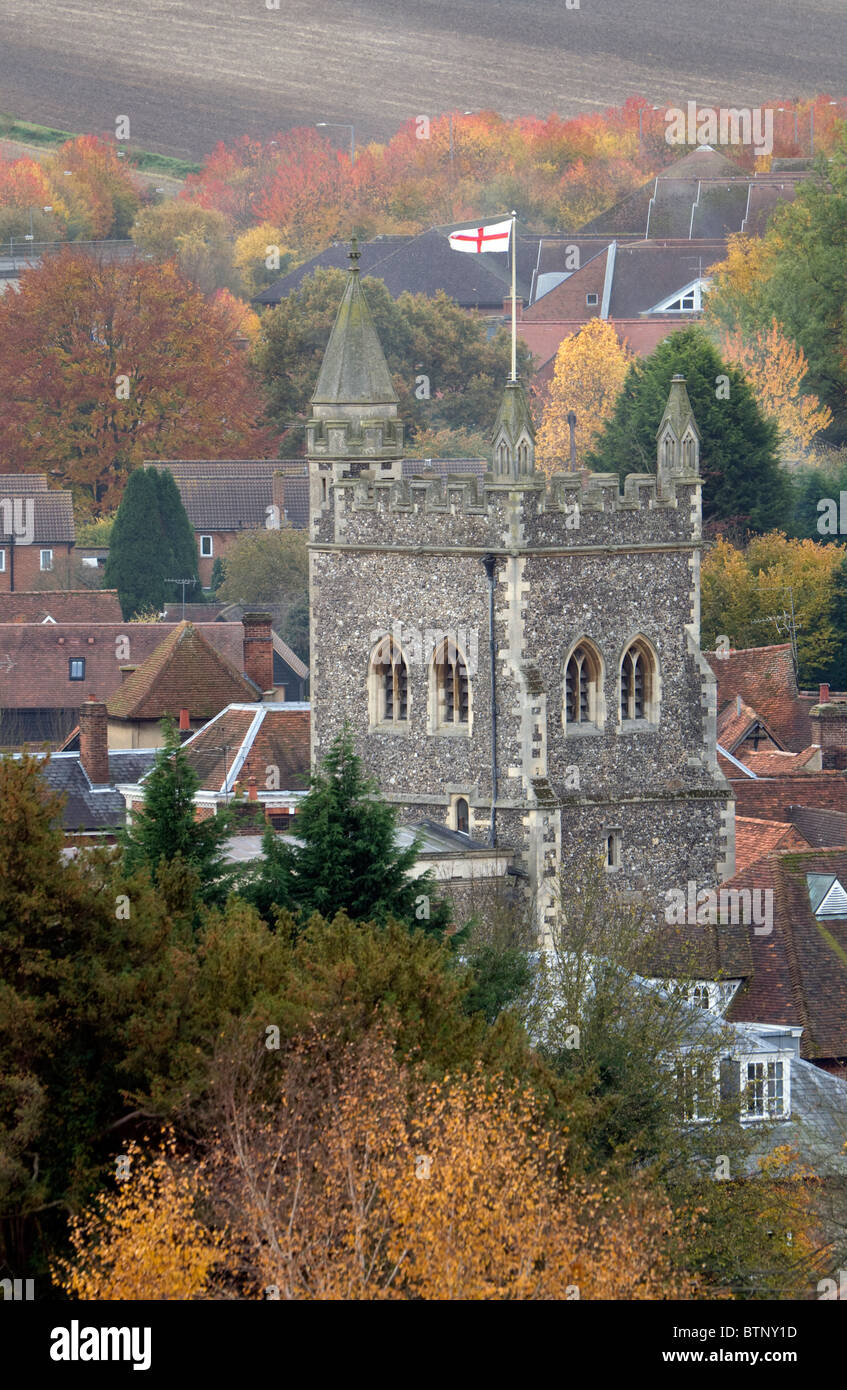 A Chilterns landscape view of old Amersham, the parish church tower ...