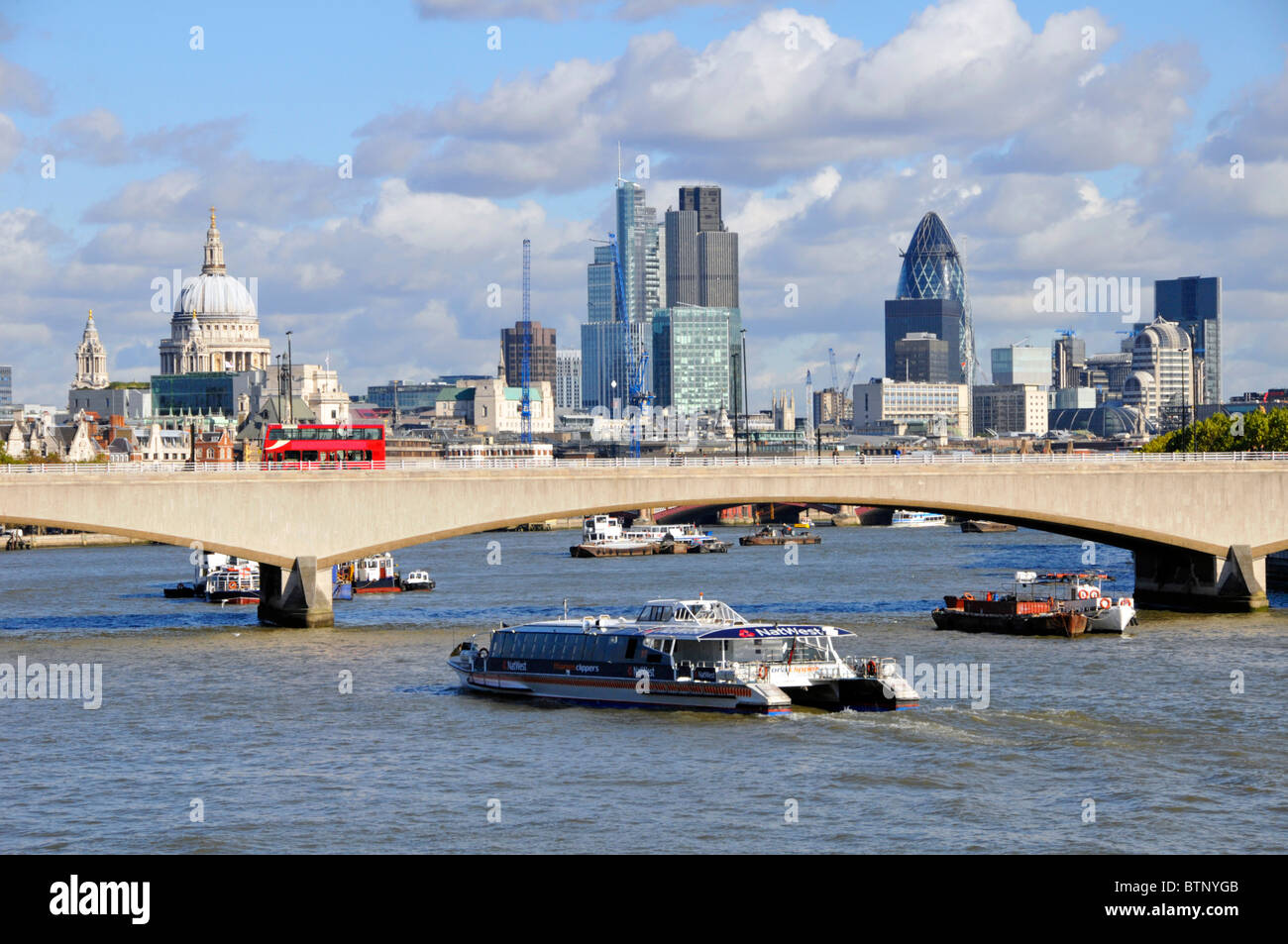 Tour Boats Waterloo Bridge River Thames and City of London skyline ...