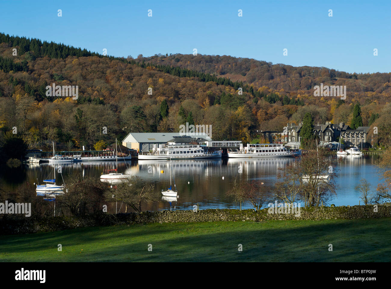 Three steamers moored at Lakeside pier, Lake Windermere, Lake District ...